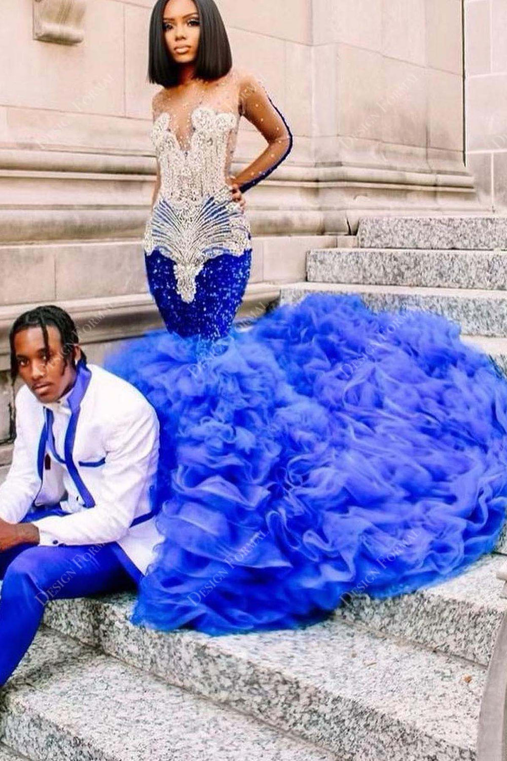 Crystals Illusion Royal Blue Ruffled Handmade Prom Dress