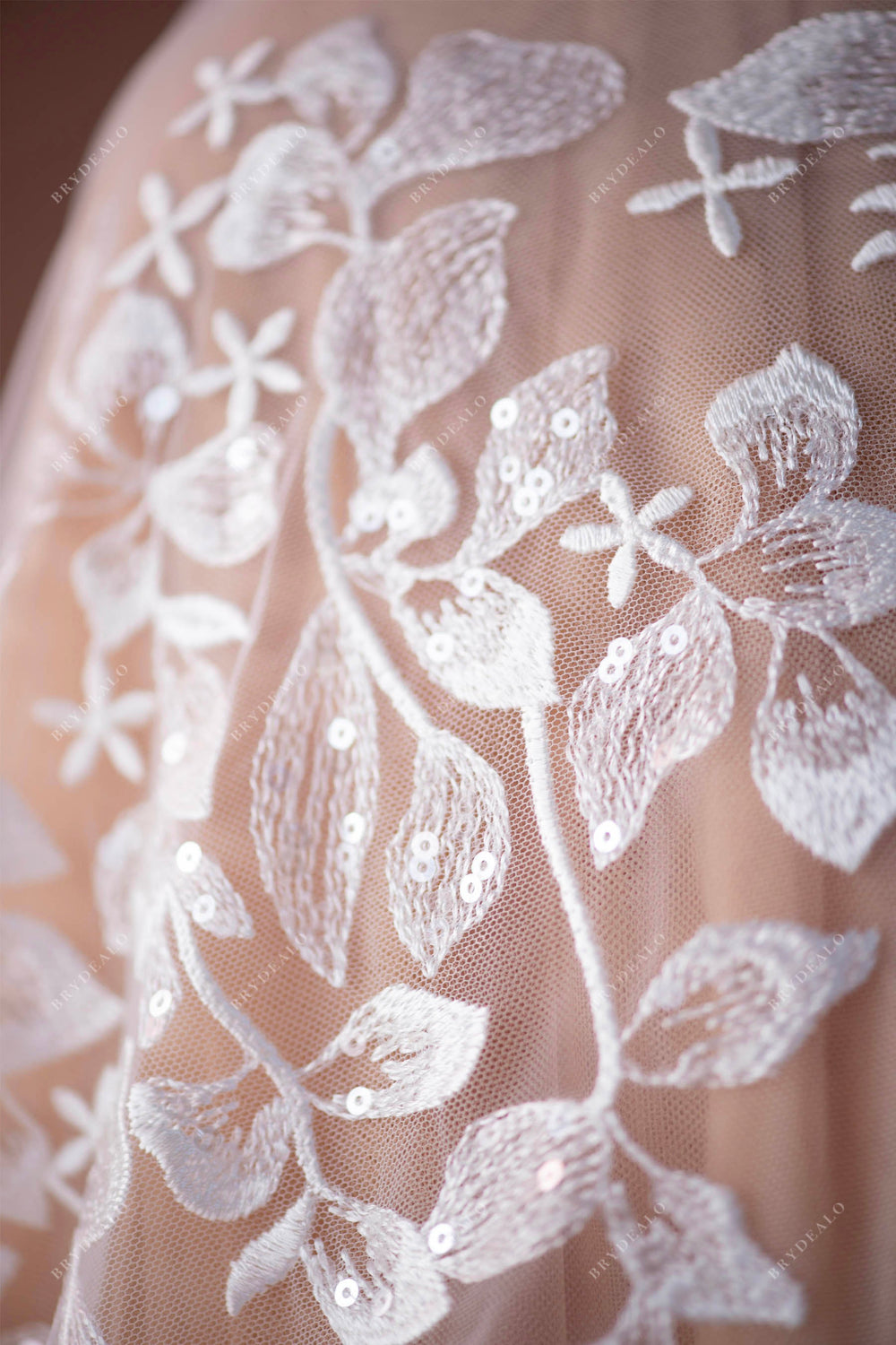 Shimmery Sequined Flower Leaf Lace Fabric for Romantic Dresses
