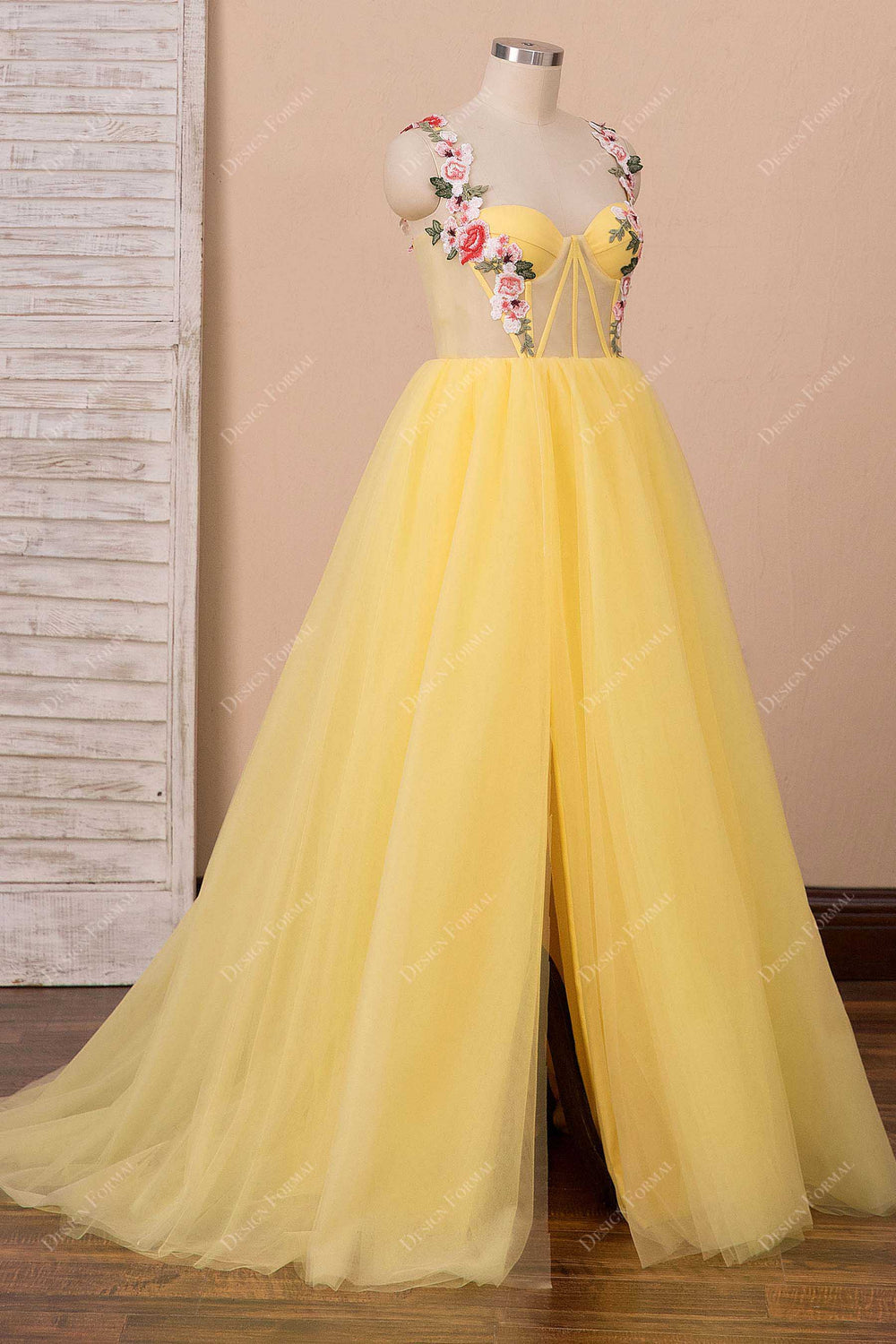 Yellow Tulle Corset Pageant Embroidered Straps Slit Fairy Prom Dress
