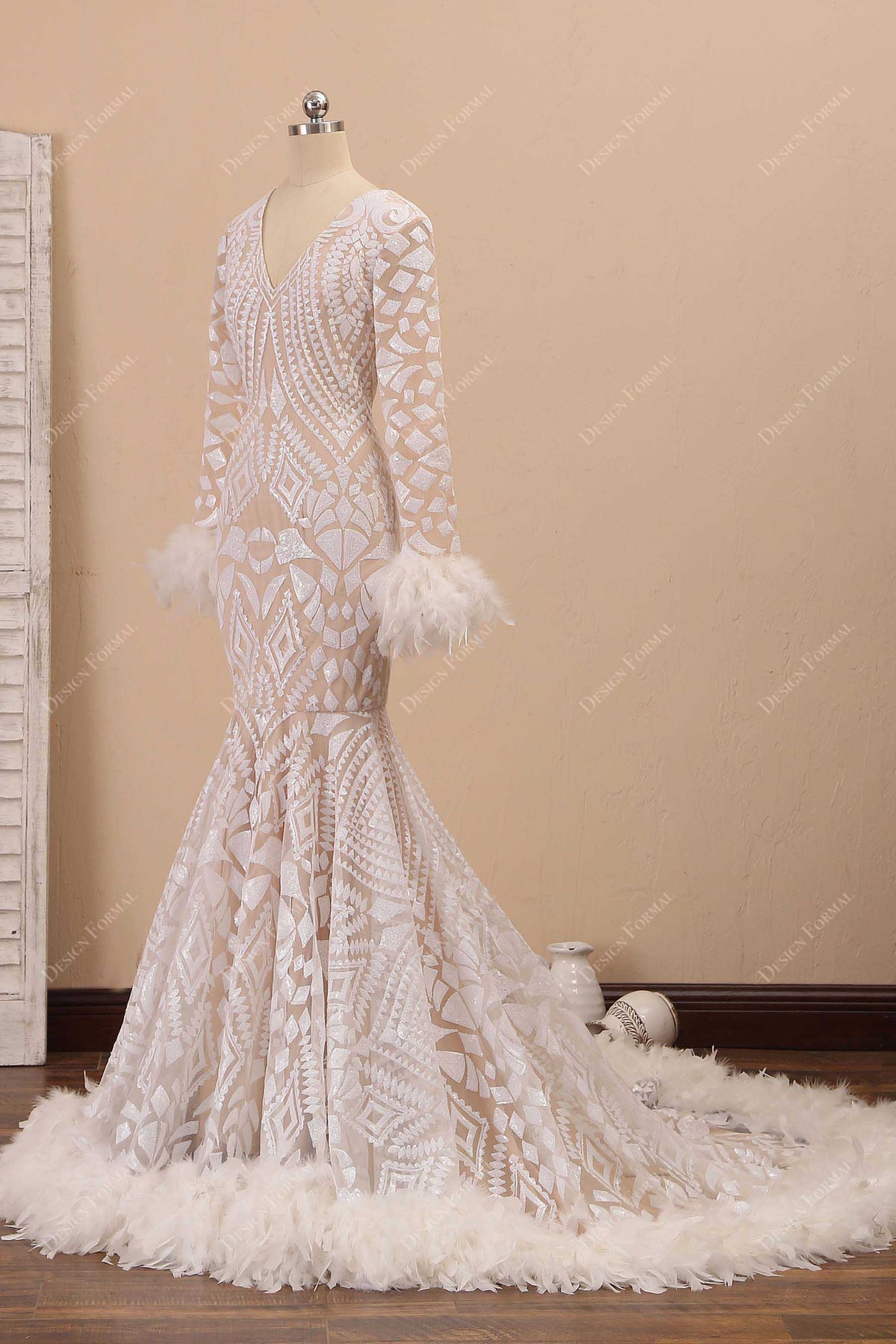White Sequin Feather Sleeves Unique Long Train Trumpet Prom Dress
