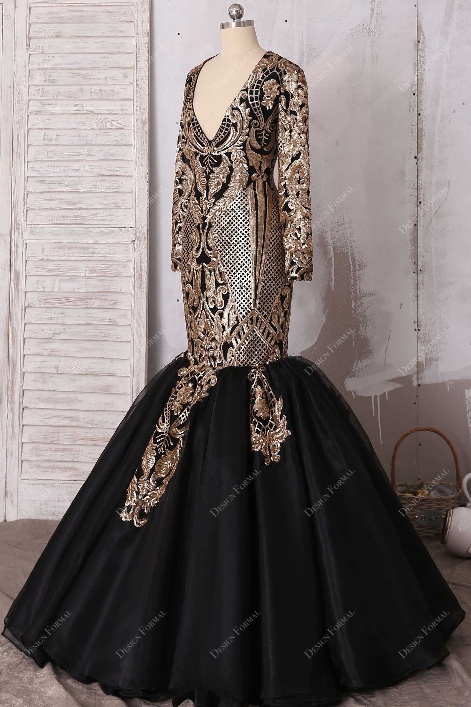 Plus Size Unique Gold Sequin Black Organza Prom Dress