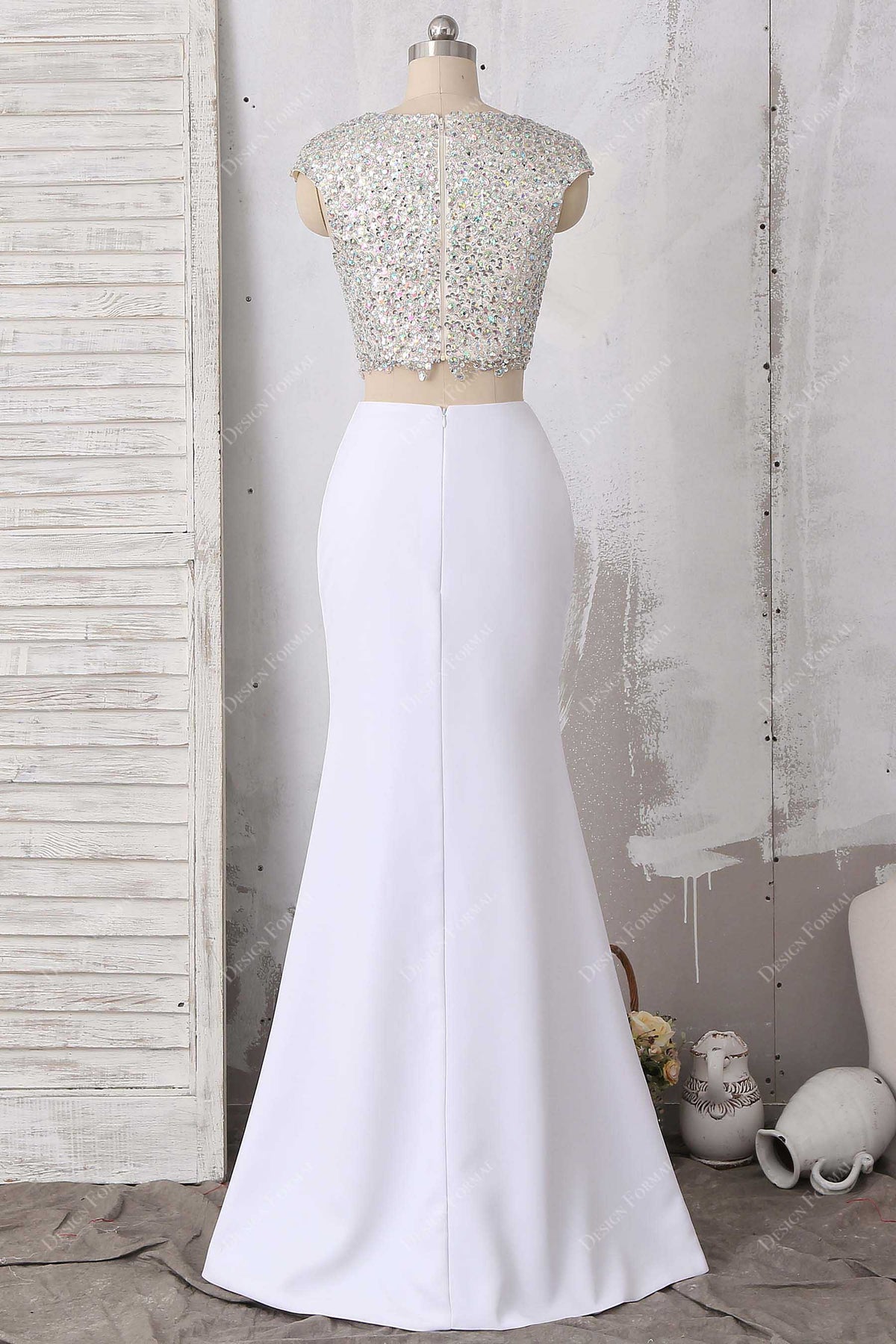 White Matte Crepe Crystals Cap Sleeve Two-piece Dress