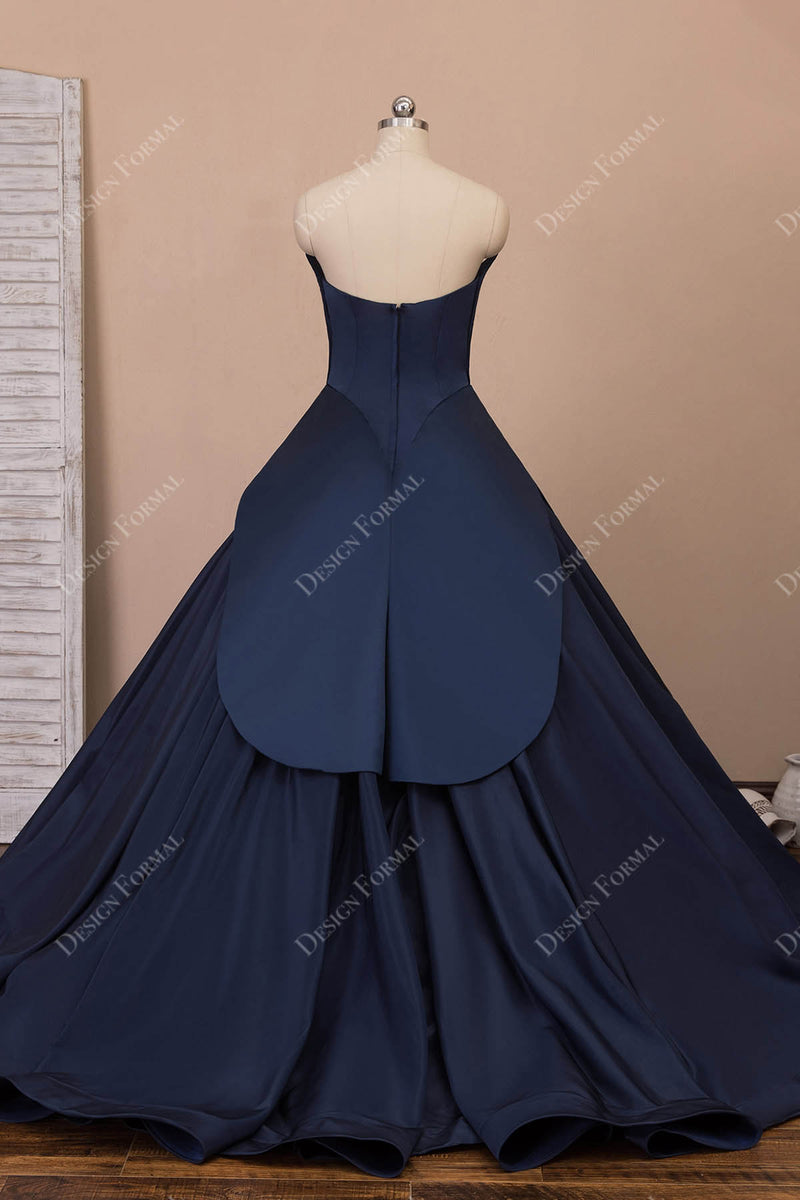 Designer Navy Satin Strapless Panels Ball Gown Sweetheart 16 Prom Dres