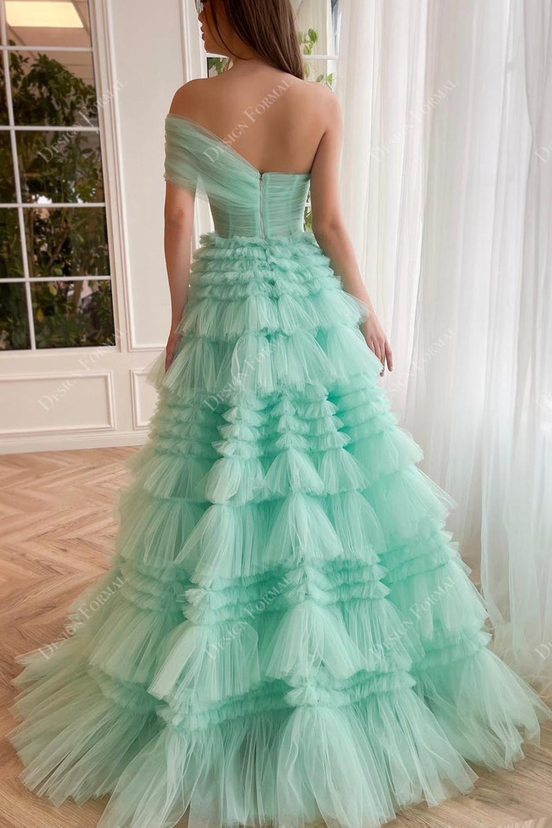 Turquoise Tiered Pleated Tulle One-shoulder Hand-made Bridal Gown