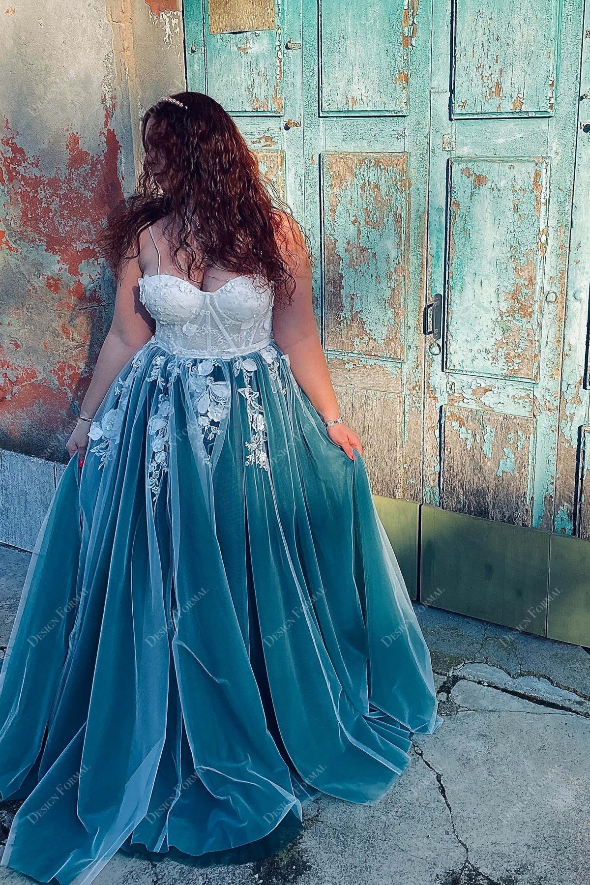 Two-tone Lace Coset Designer A-line Tulle Green Bridal Prom Dress