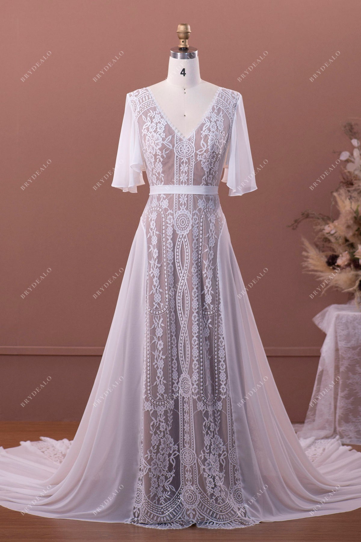 Flutter Sleeve Lace Chiffon Boho A-line Summer Nude Beige Wedding Dress