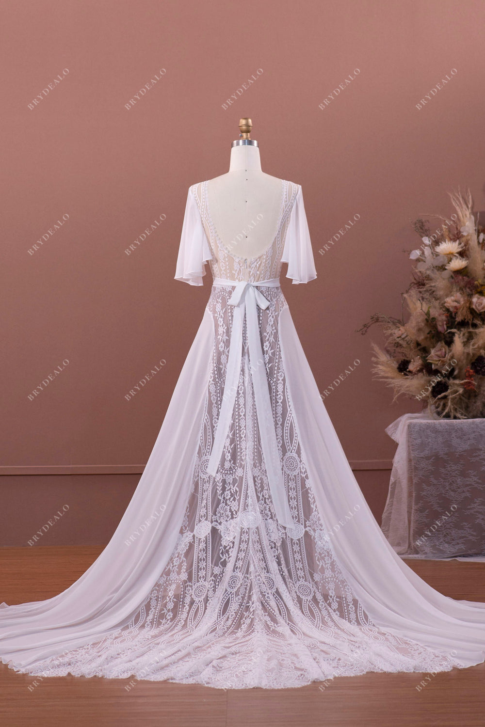 Flutter Sleeve Lace Chiffon Boho A-line Summer Nude Beige Wedding Dress