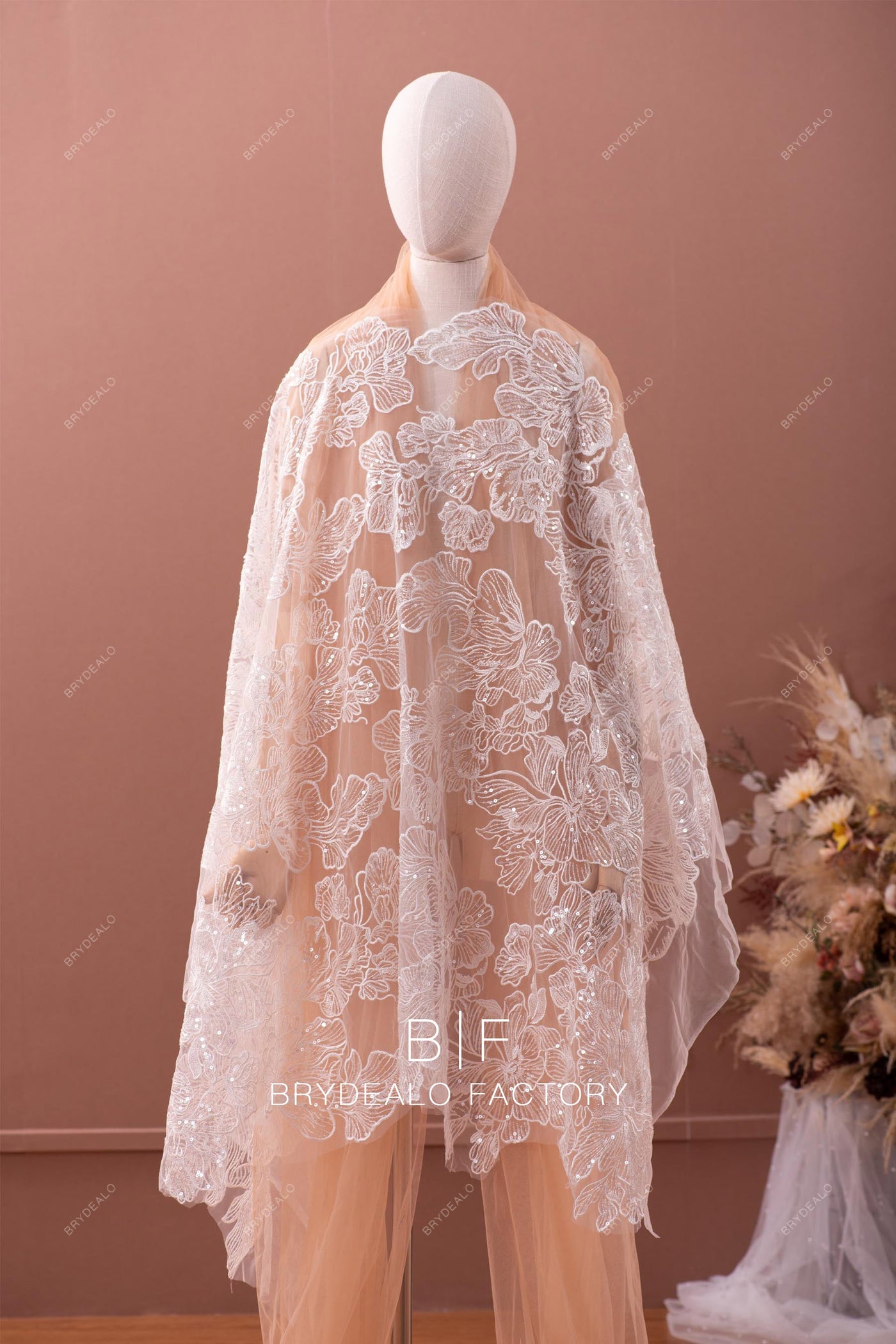 Shimmery Lotus Embroidered Bridal Lace Fabric for Designer Dresses