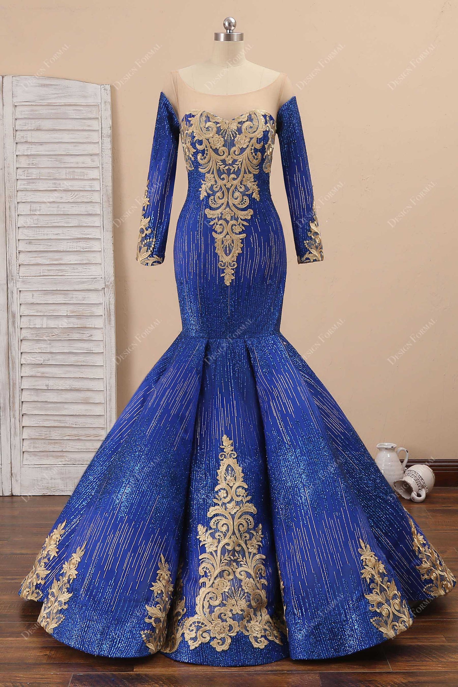 Royal Blue Glitter Gold Lace Plus Size Dramatic Trumpet Prom Dress