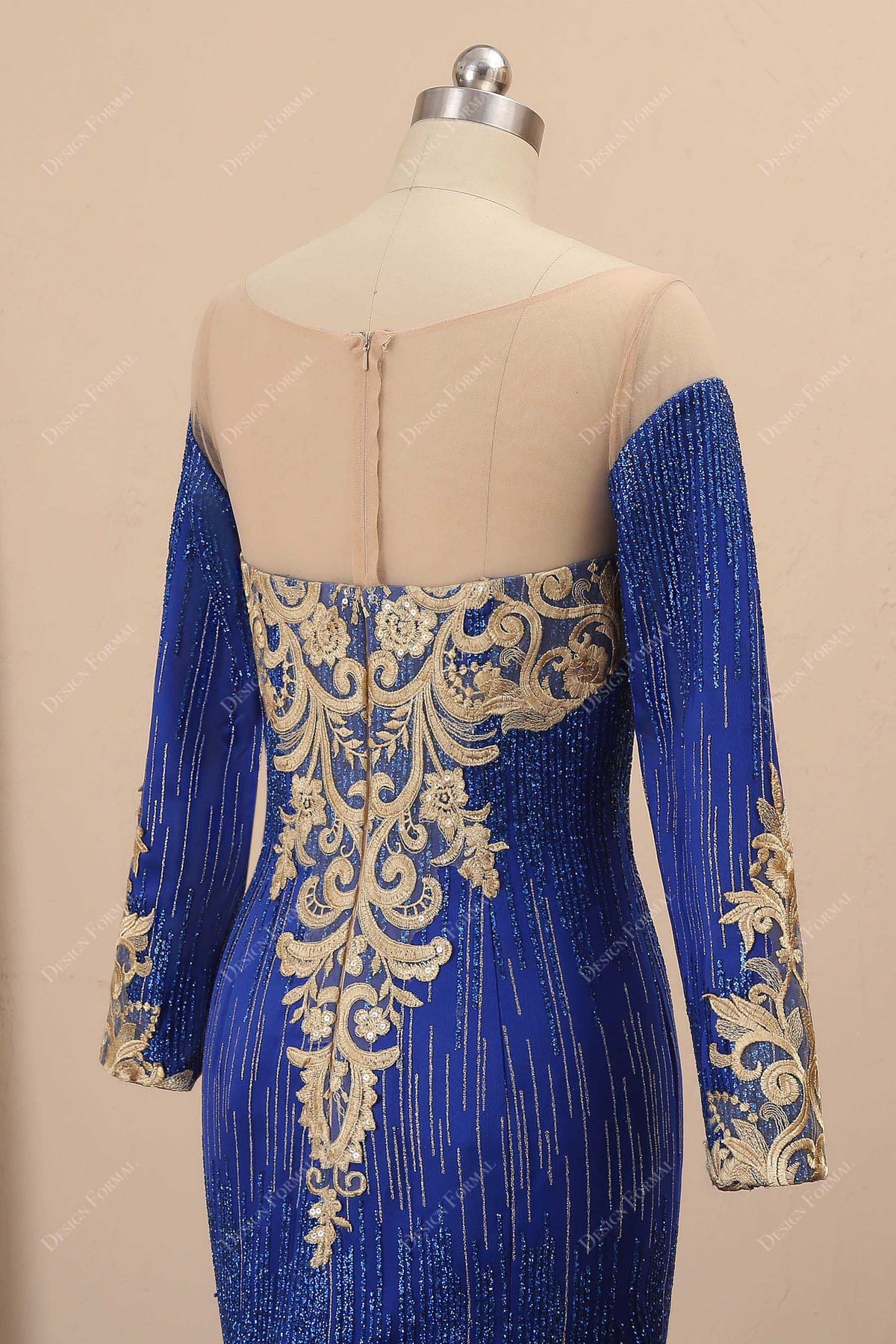 Royal Blue Glitter Gold Lace Plus Size Dramatic Trumpet Prom Dress