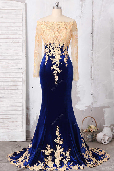 Gold Lace Royal Blue Velvet Sexy Off-shoulder Plus Size Mermaid Prom Dress