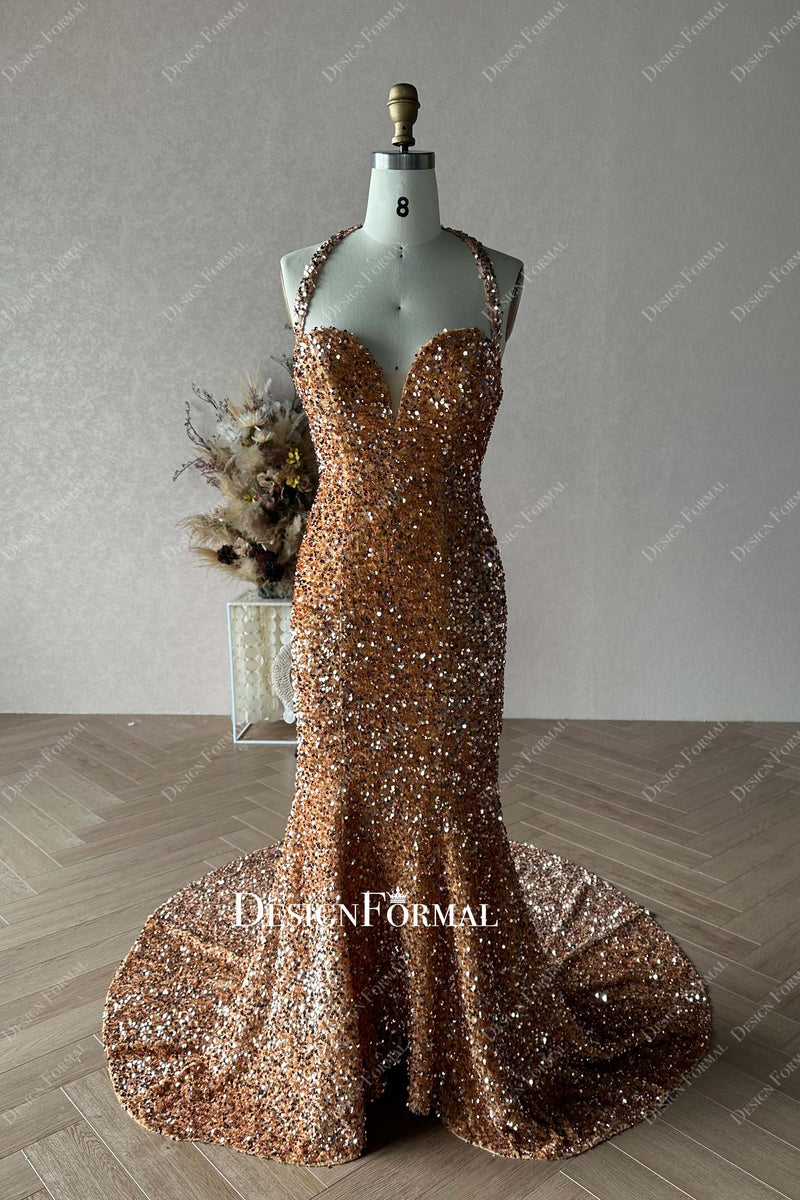 Custom Sparkly Sequin Gold Mermaid Halter Neck Prom Dress