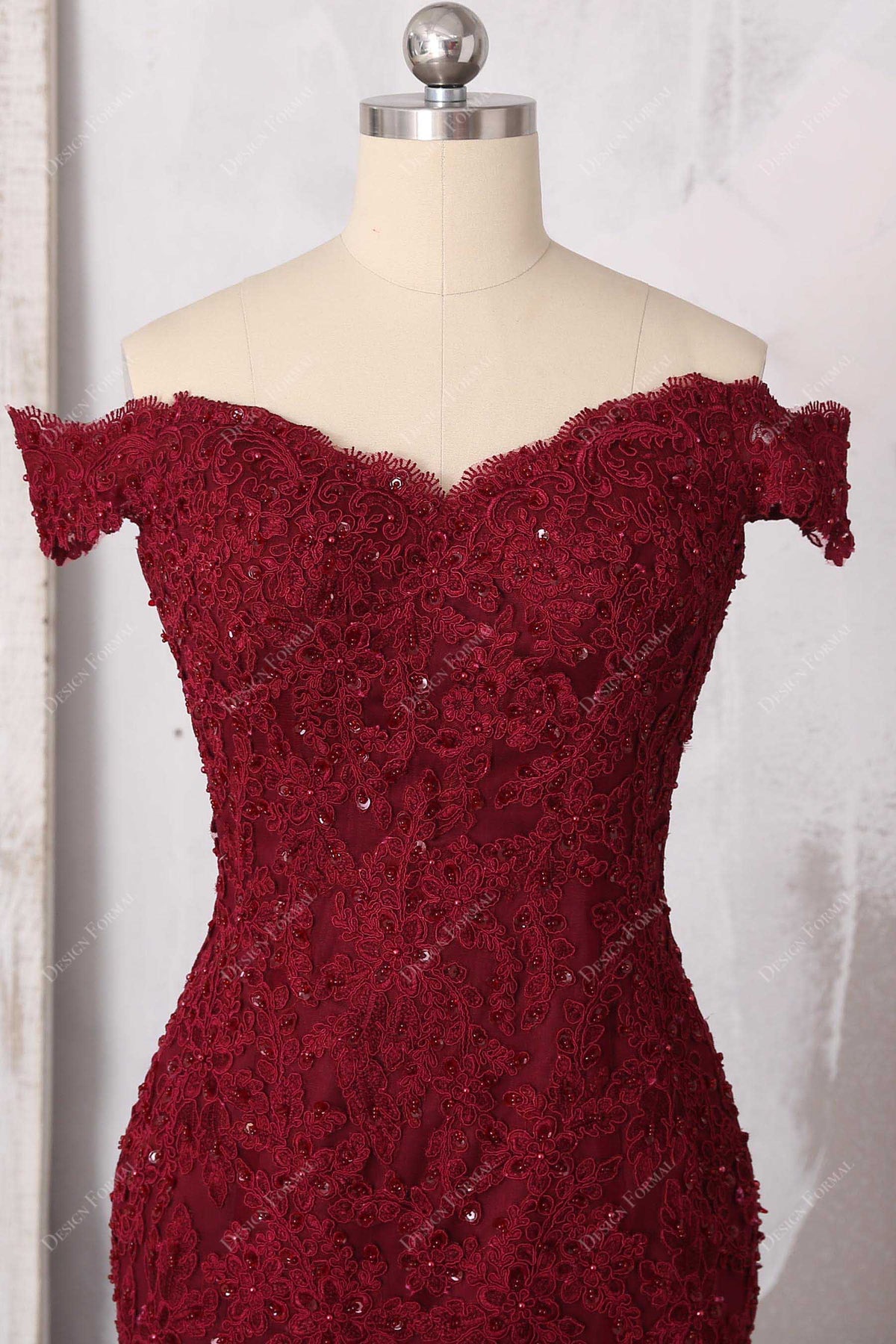 Burgundy Beaded Lace Tulle Dramatic Trumpet Prom Dress