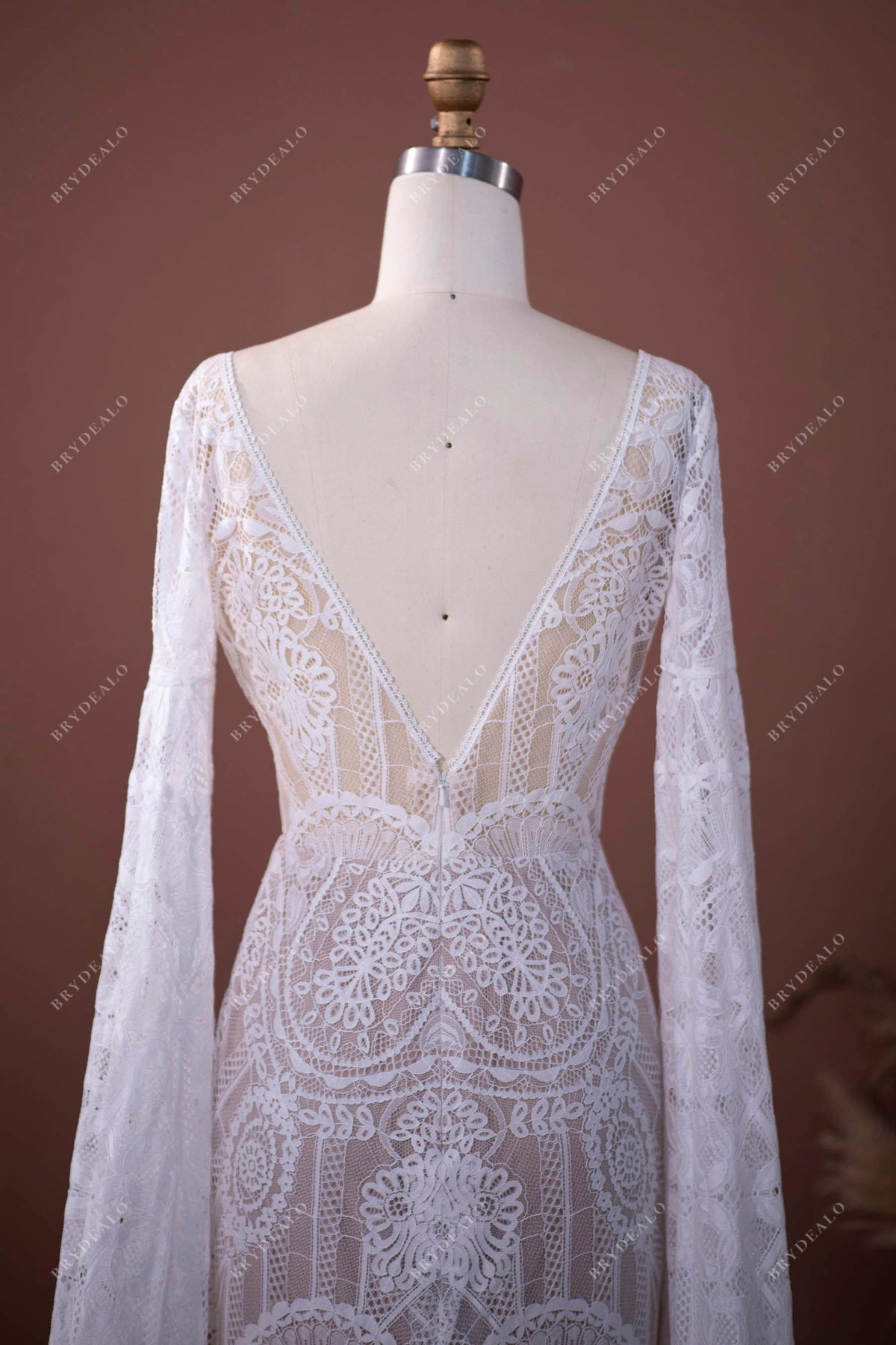 Super Long Sleeve Boho Lace V-neck Fit and Flare Oyster Wedding Gown