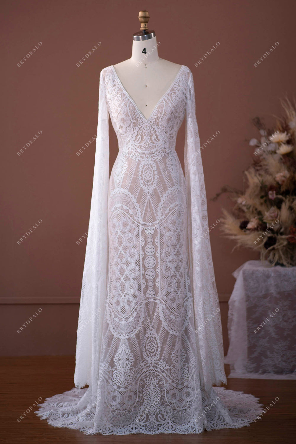 Super Long Sleeve Boho Lace V-neck Fit and Flare Oyster Wedding Gown