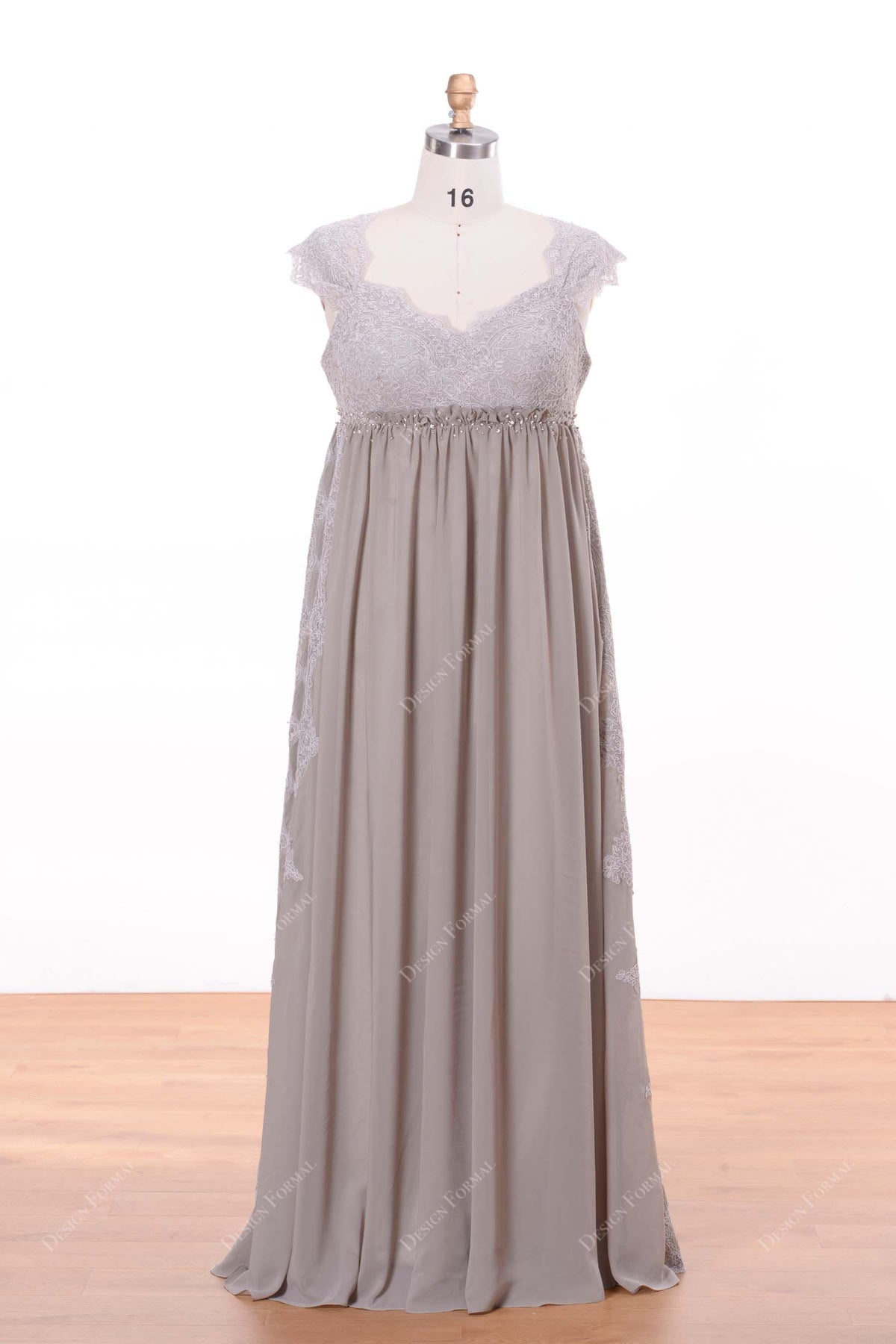 Grey Lace Empire Floor Length Maternity Formal Bridesmaid Dress