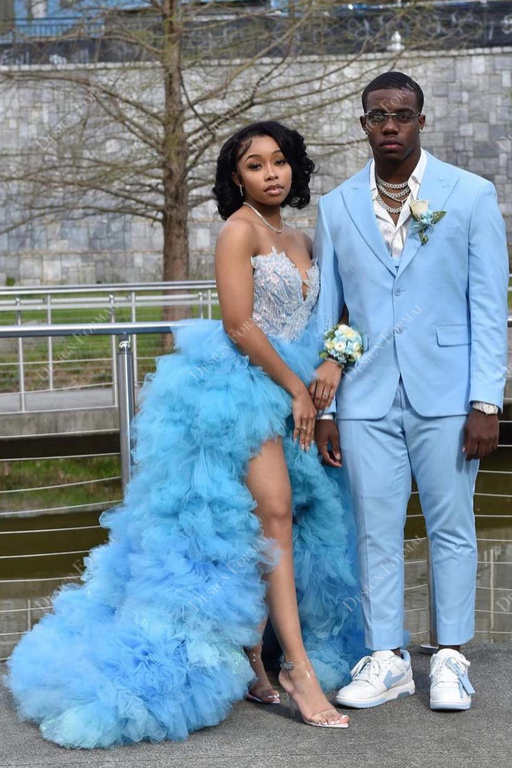 Sky Blue Ruffled Tulle Grey Beaded Strapless Crafted Prom Dress