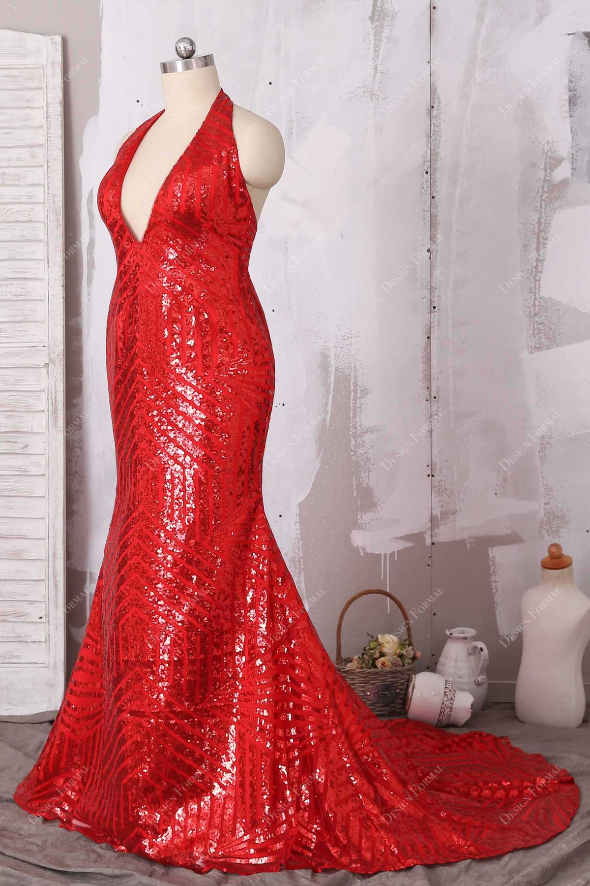 Plus Size Shiny Ruby Striped Sequin Halter Plunging Mermaid Prom Dress
