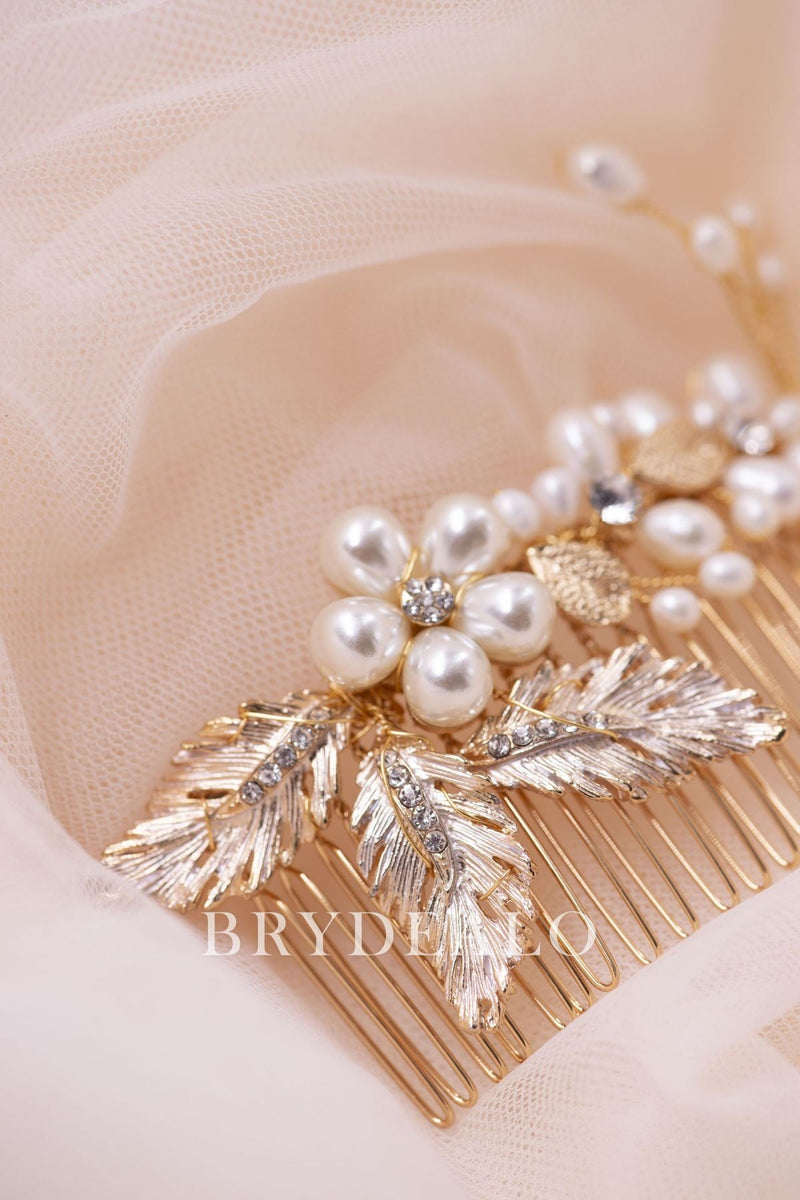 High-end Pearls Elegant Gold Leaf Bridal Hair Comb