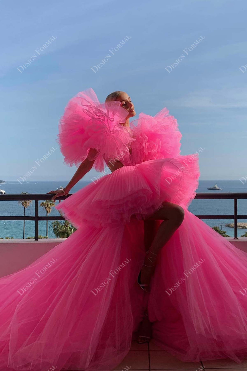 Pink Tulle Ruffled Hi-Lo Cutout Designer Prom Pageant Dress