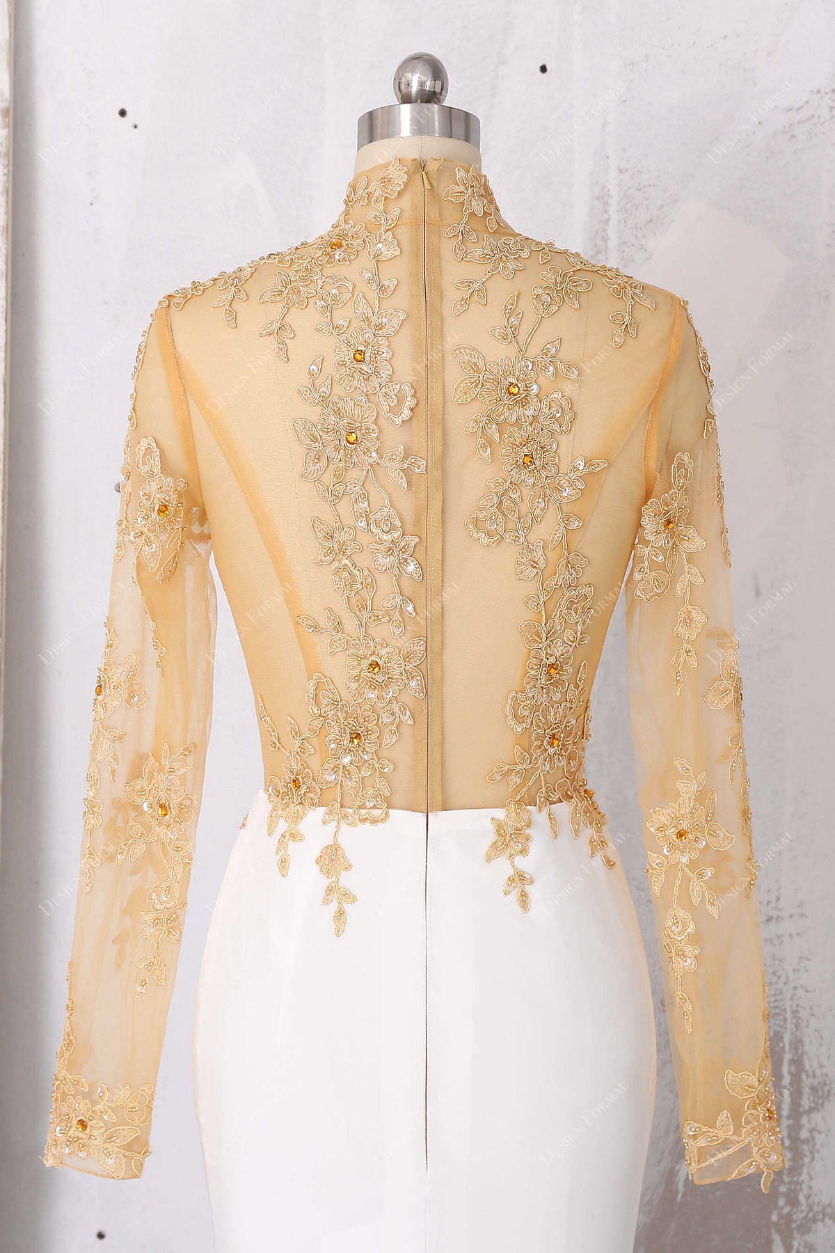 Two Tone Gold Lace White Jersey Sleeved Dramatic Mermaid Prom Dress