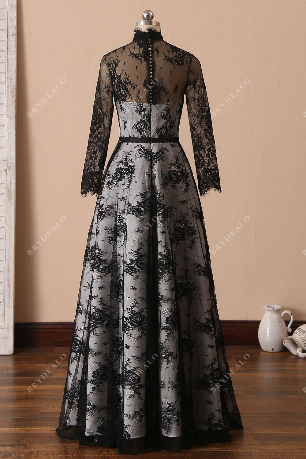 Unique Black Lace Overlaid Gothic A-line Unconventional Bridal Dress