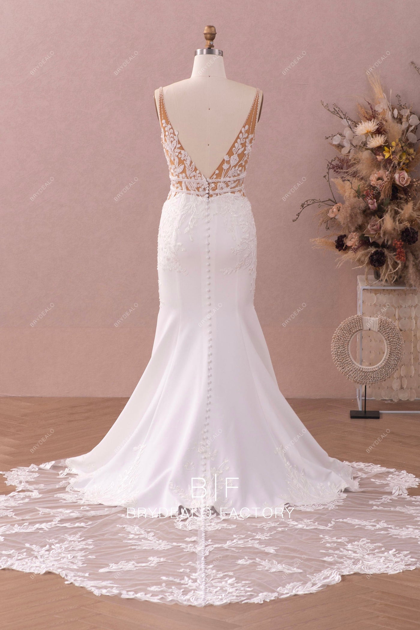 Wild Beaded Lace Crepe Illusion Cutout Train Mermaid Bridal Dress