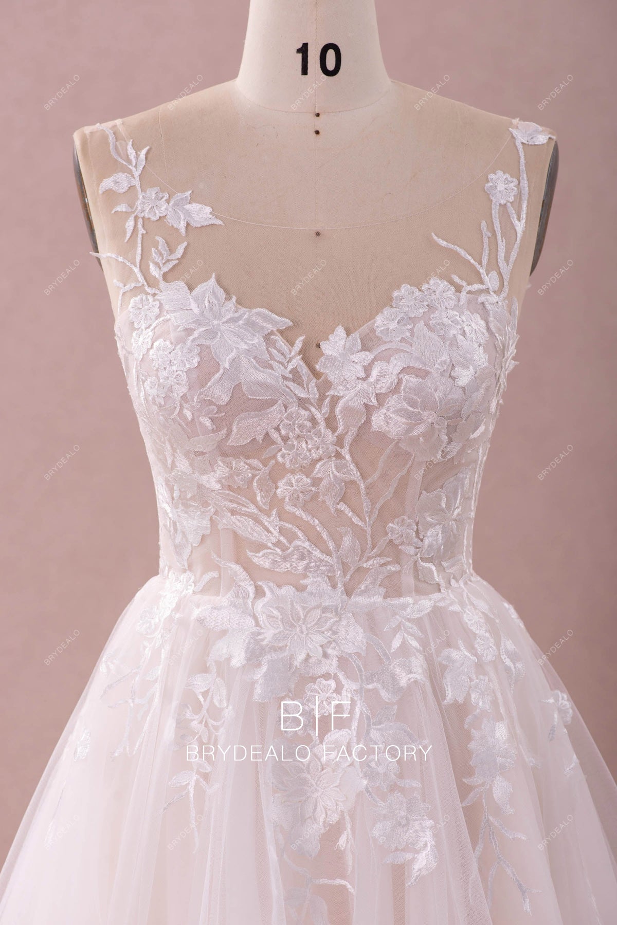 Gorgeous Lace Tulle Keyhole Back Designer Long Champagne Wedding Dress