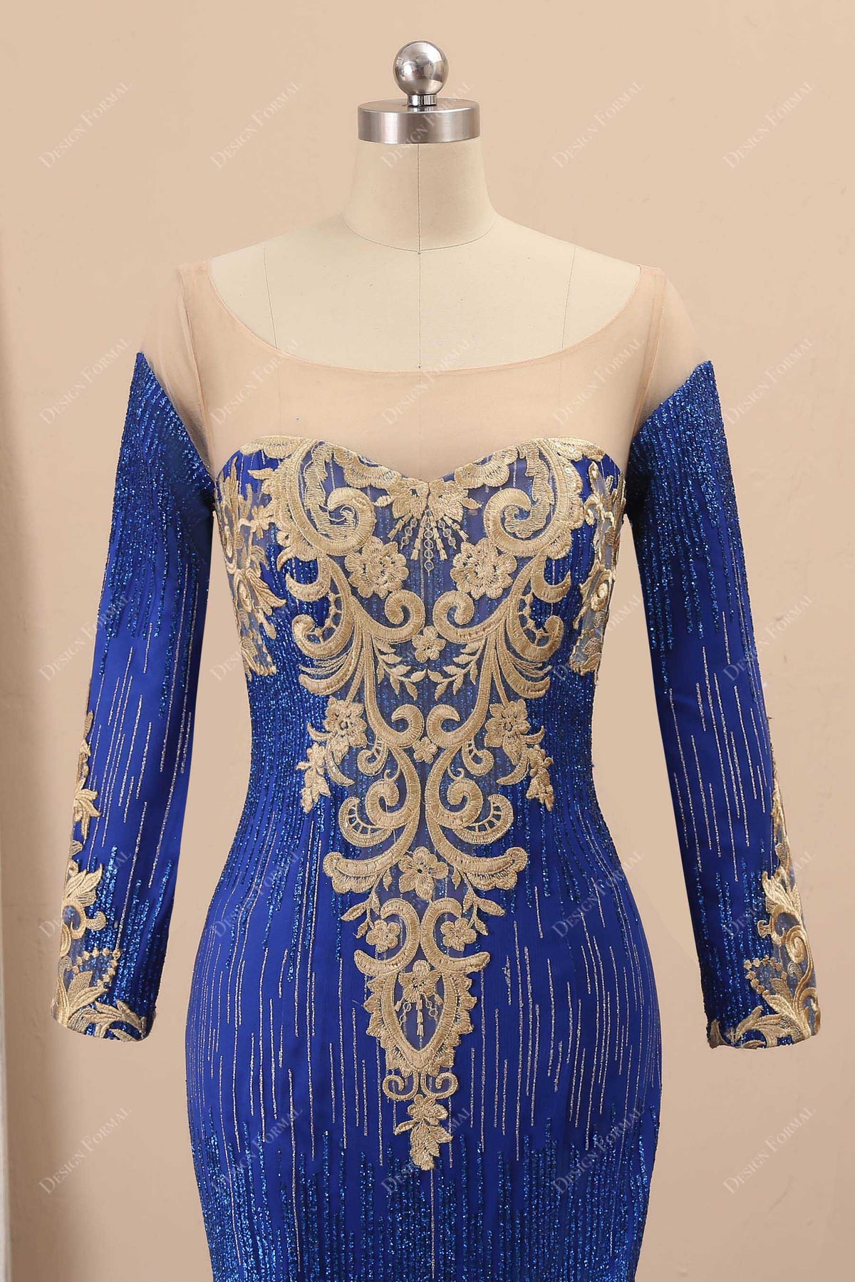 Royal Blue Glitter Gold Lace Plus Size Dramatic Trumpet Prom Dress