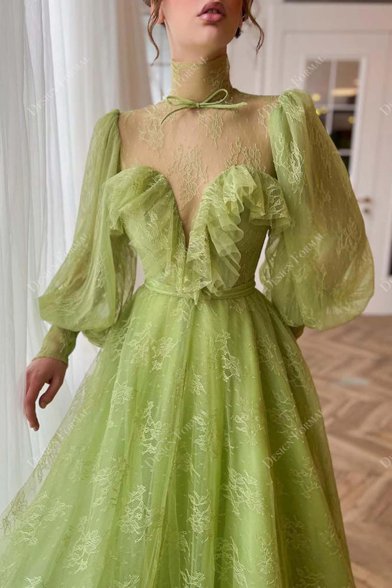 Lime Green Lace Bishop Sleeve Sweetheart Custom Wedding Prom Evening Gown