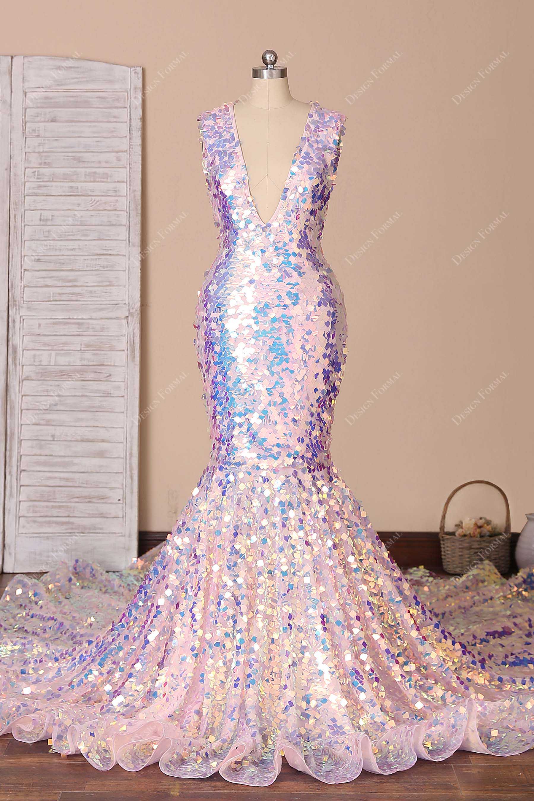 Iridescent Sequin Plunging V-neck Dramatic Prom Dress