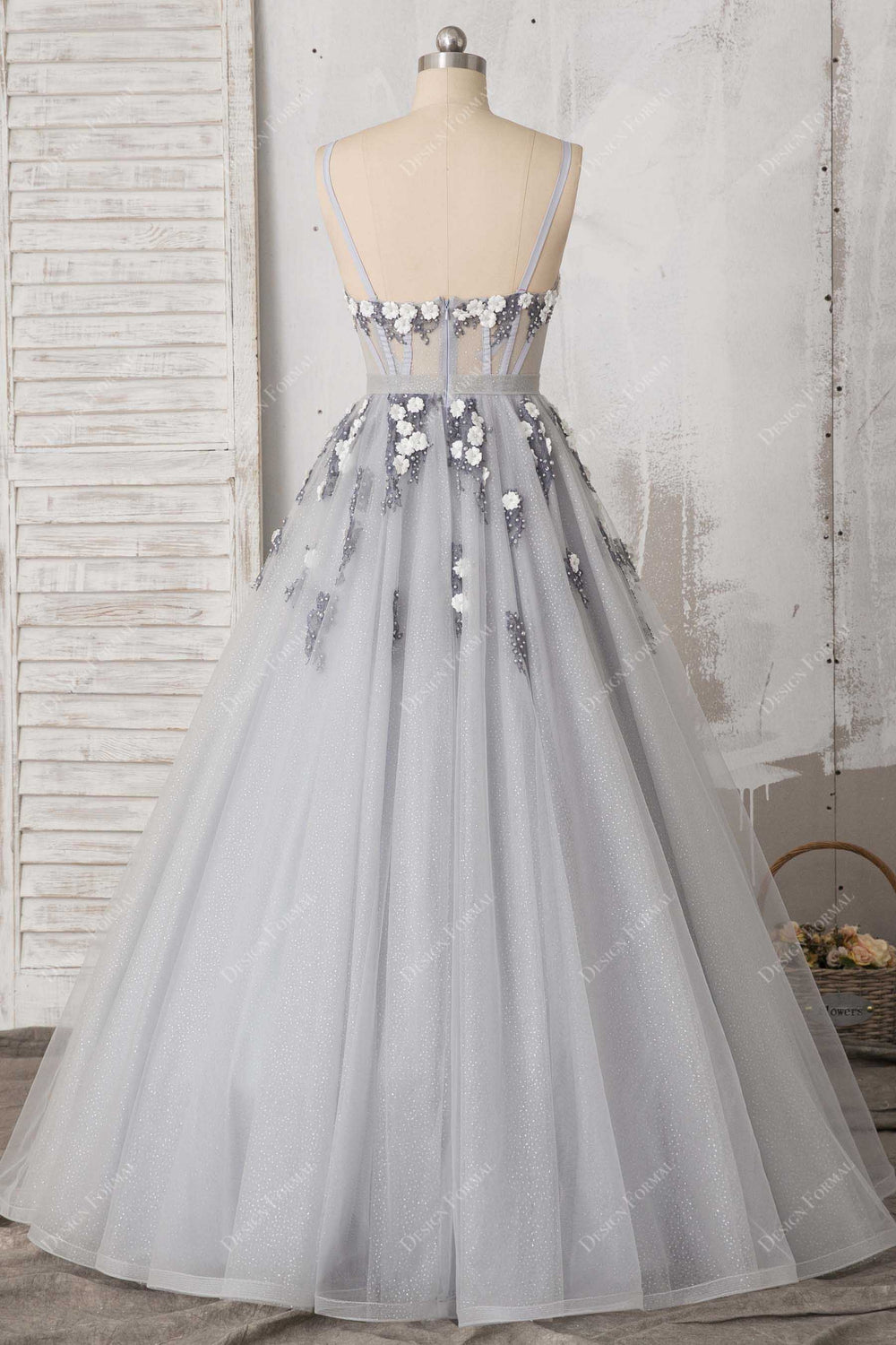 Grey Glitter Tulle Petals Sheer Corset Ball Gown Modern Prom ...