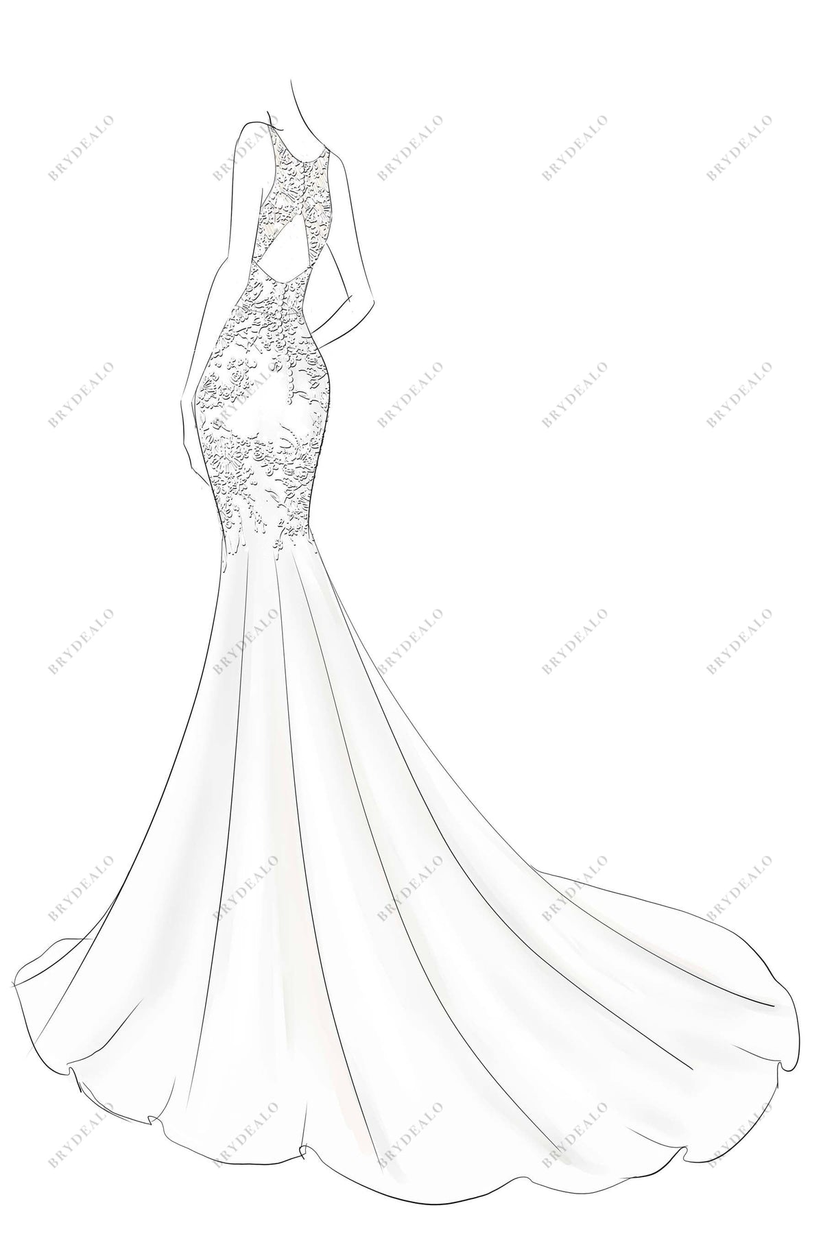 Plunging V-neck Custom-made Lace Satin Mermaid Dress Sketch