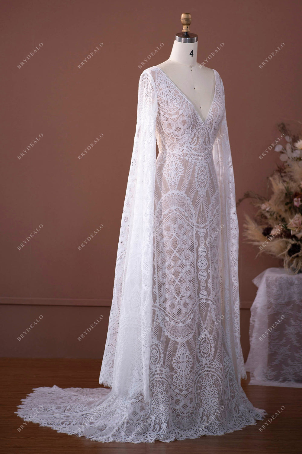 Super Long Sleeve Boho Lace V-neck Fit and Flare Oyster Wedding Gown