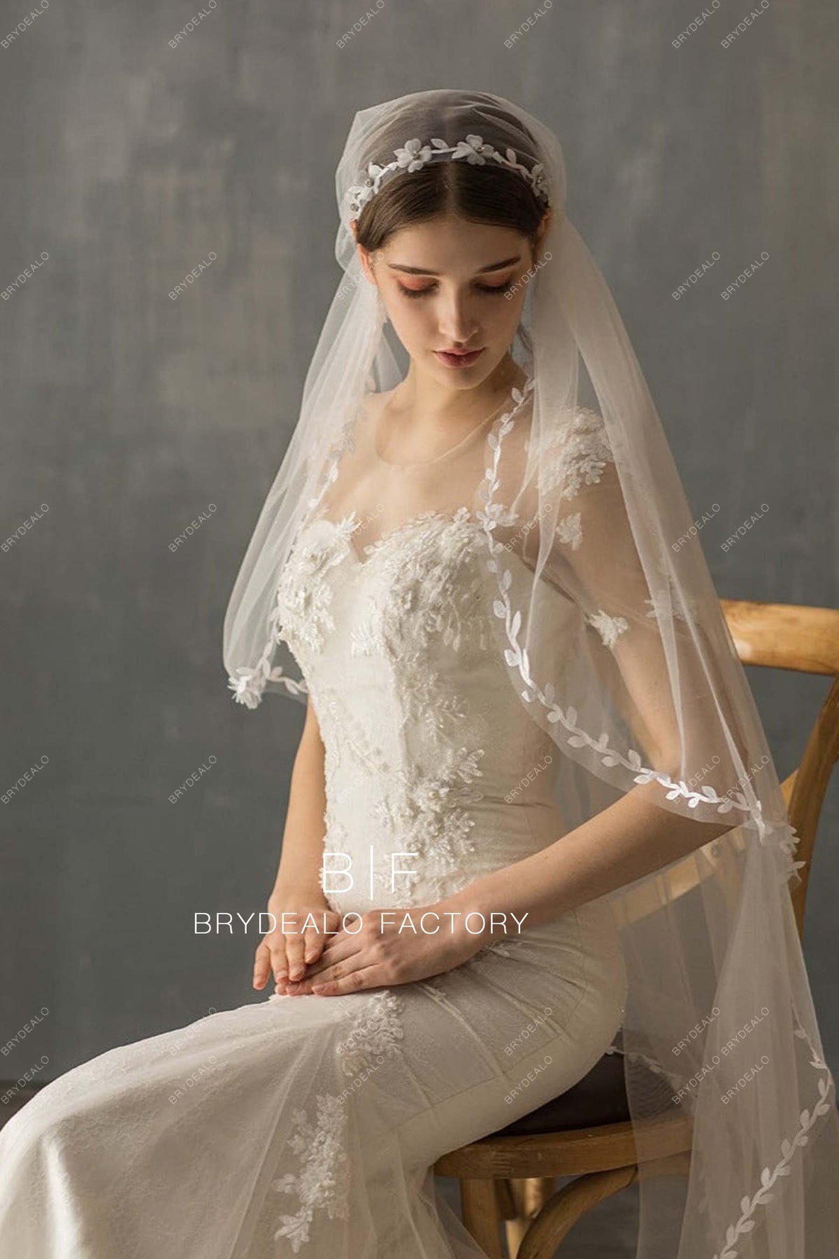 Classic Leaf Lace Trim Bridal Veil Ballet Length Wedding Cap Veil