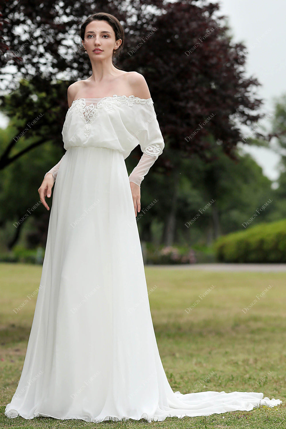 Off-shoulder Flowy Chiffon Spring A-line Beach Wedding Dress
