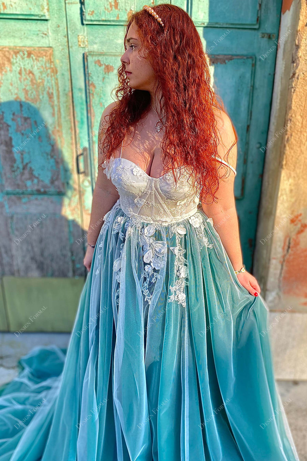 Two-tone Lace Coset Designer A-line Tulle Green Bridal Prom Dress