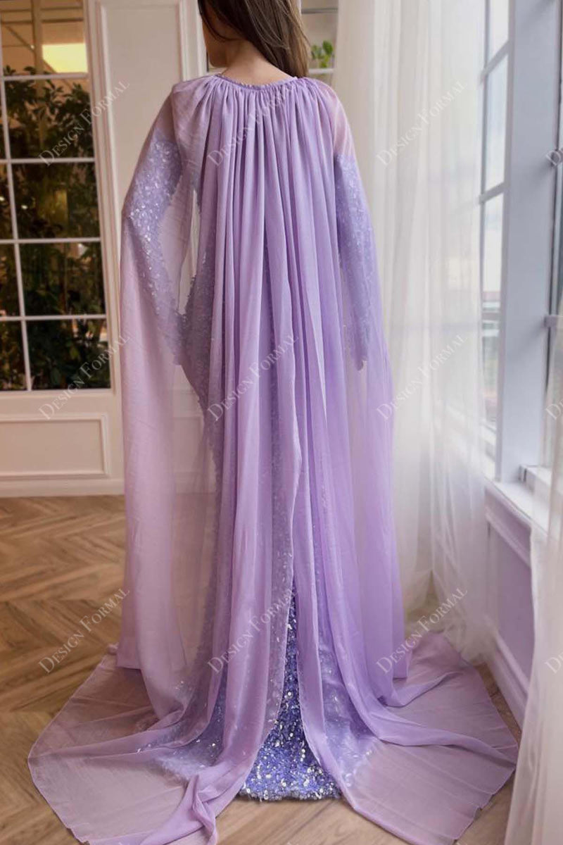 Lilac Sweetheart Off-shoulder Sparkly Sequin Mermaid Dress Chiffon Cape