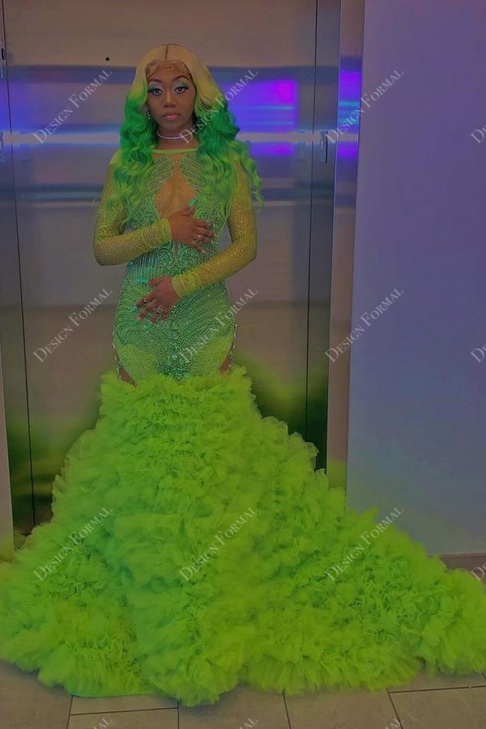 Lime Illusion Long Sleeve Ruffled Tulle Mermaid Prom Dress