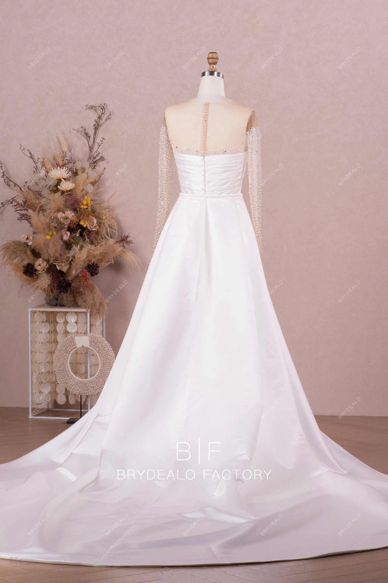 Long Sleeve Illusion Neck Designer Pearls Overskirt Wedding Gown