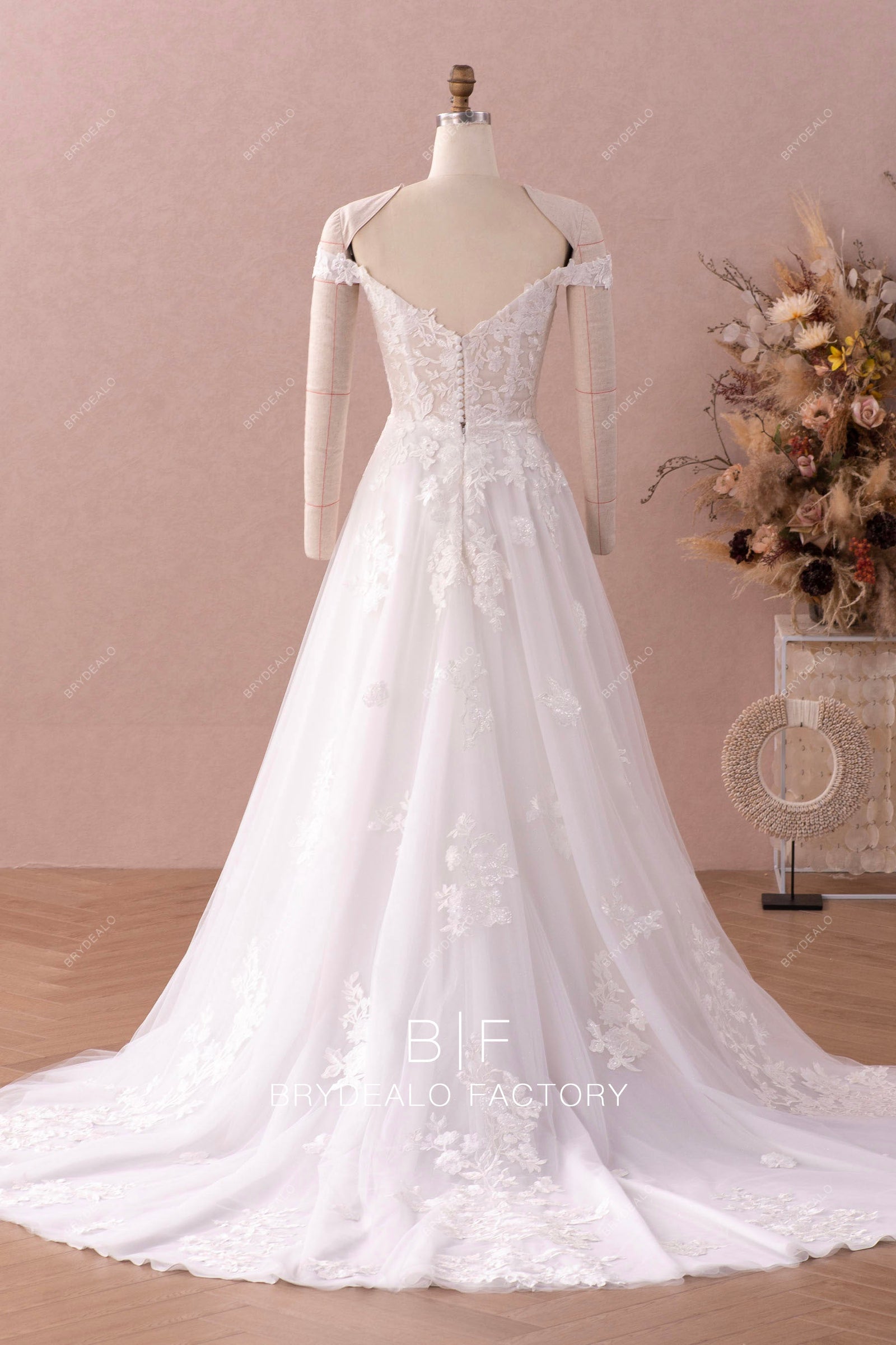 Off Shoulder Plunging Summer Shimmery Lace Bridal Gown