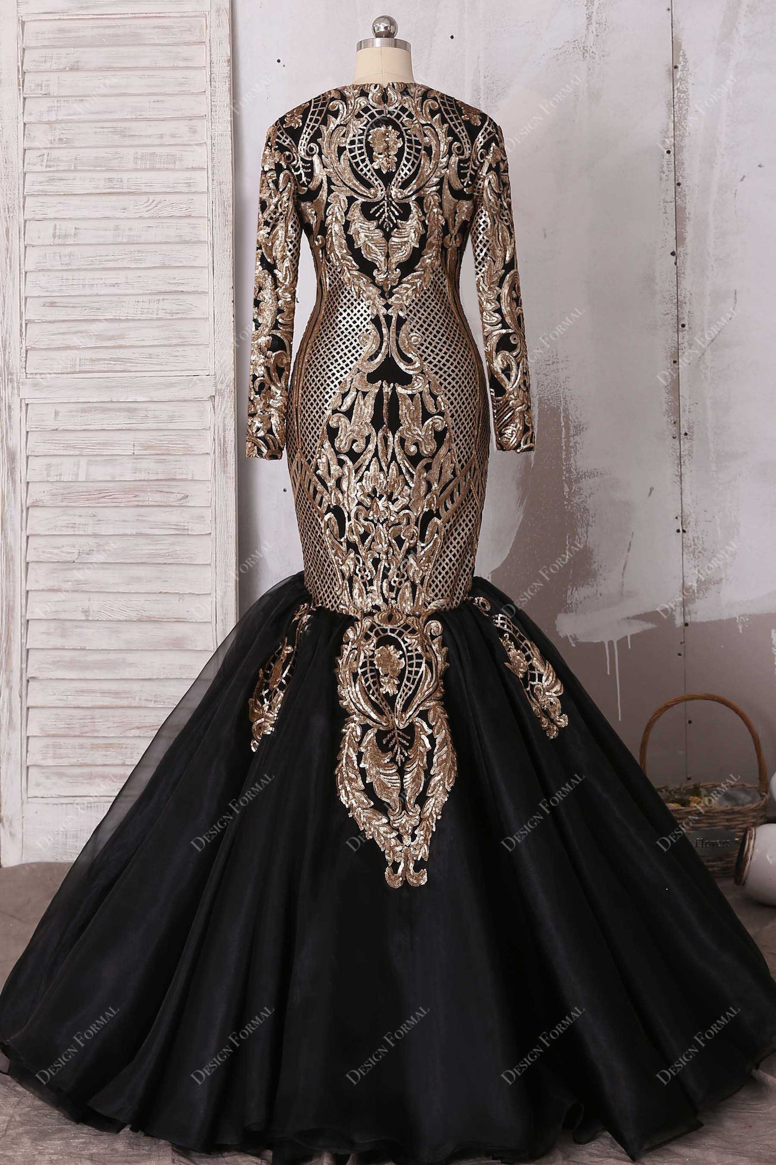 Plus Size Unique Gold Sequin Black Organza Prom Dress