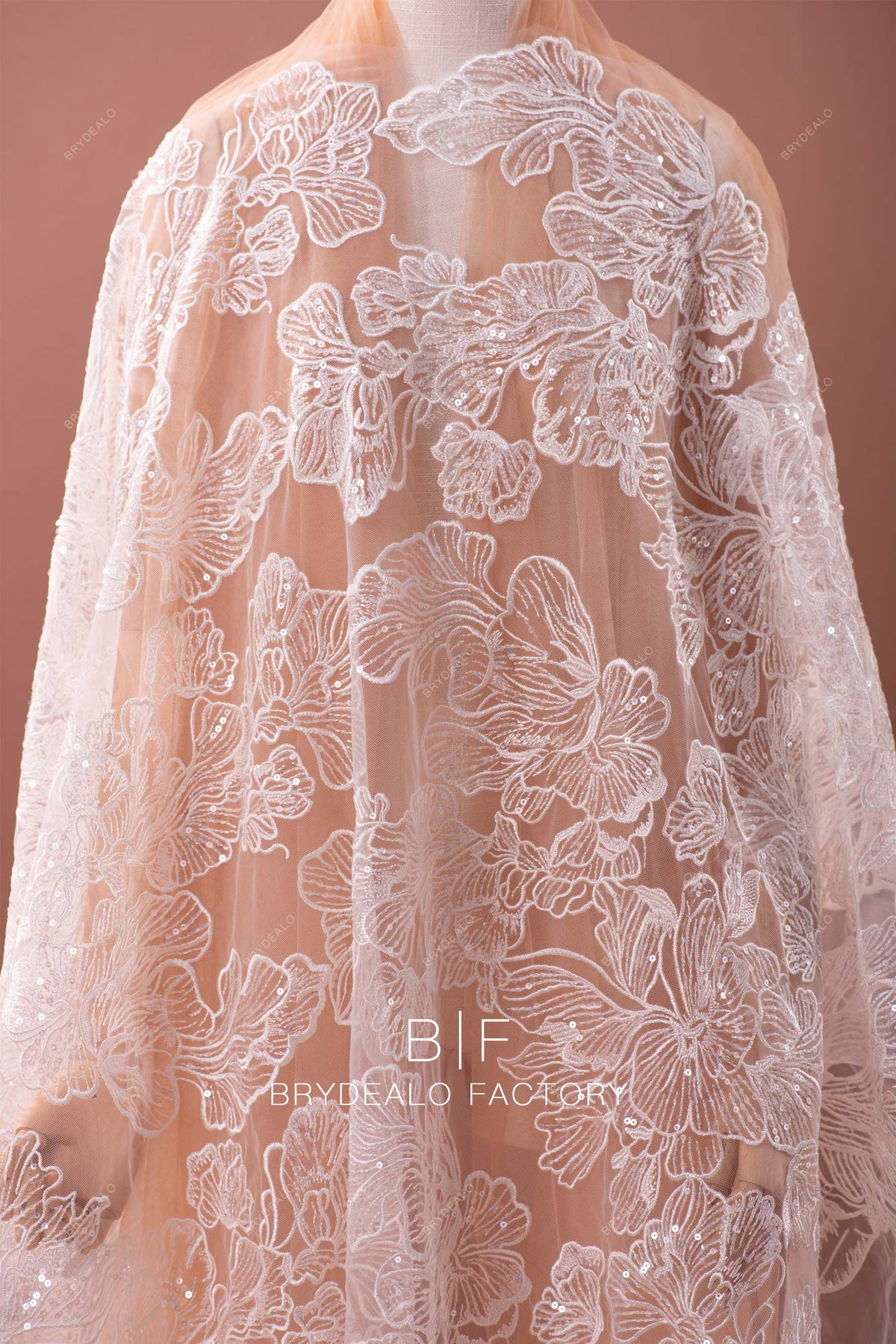 Shimmery Lotus Embroidered Bridal Lace Fabric for Designer Dresses