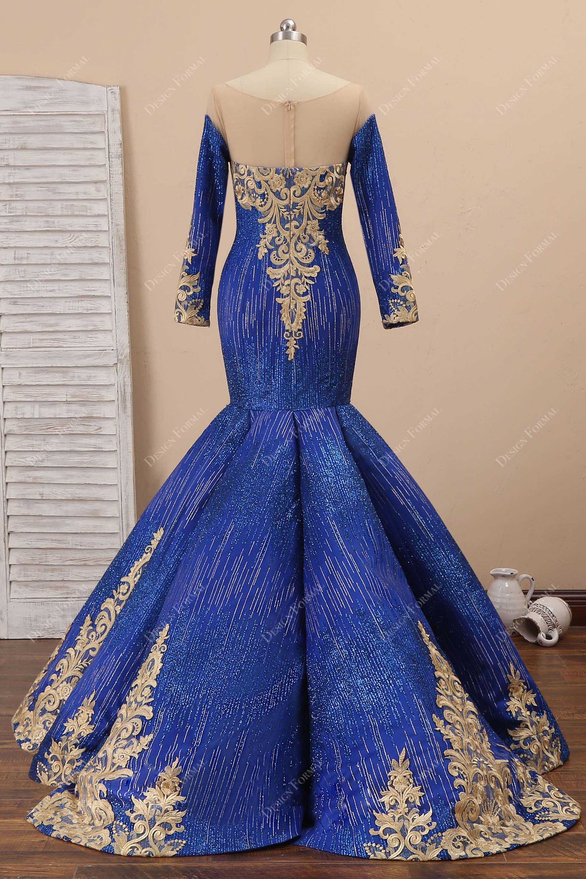 Royal Blue Glitter Gold Lace Plus Size Dramatic Trumpet Prom Dress