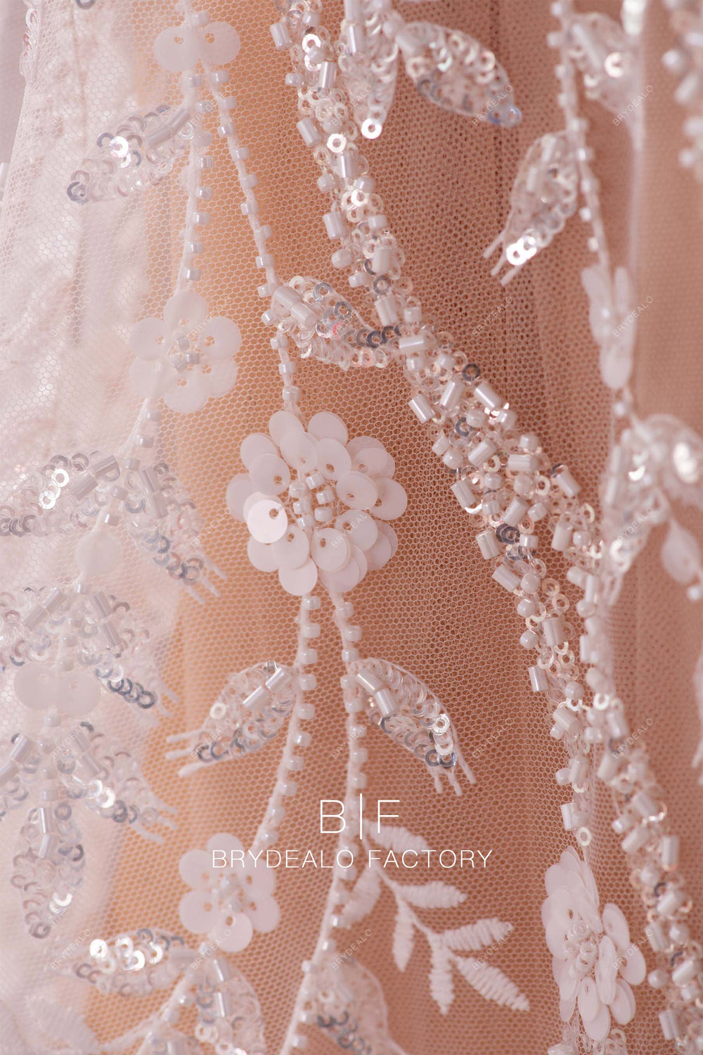 Matte Cream White Sequin Beading Flower Lace Fabric Online
