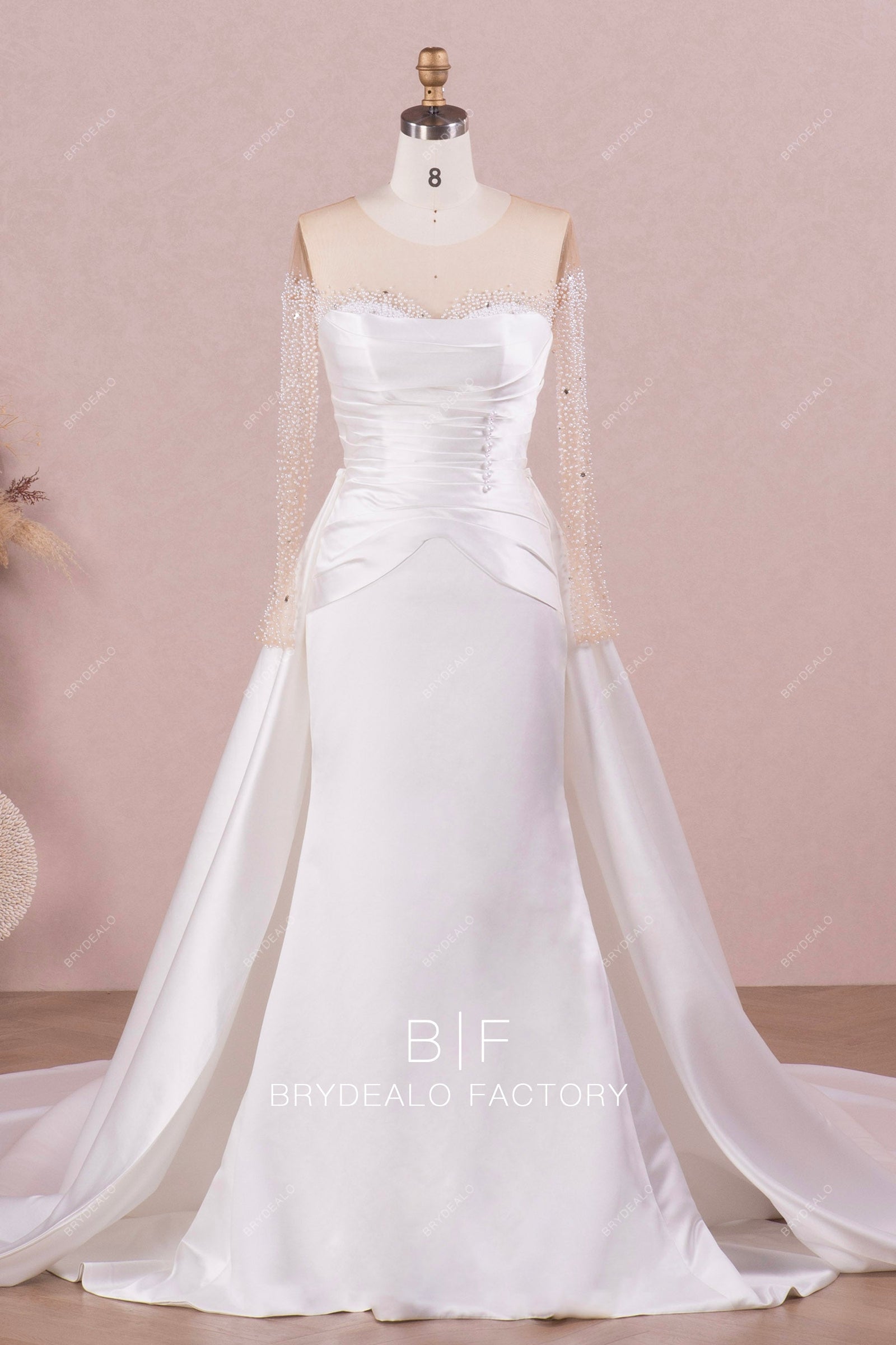 Long Sleeve Illusion Neck Designer Pearls Overskirt Wedding Gown