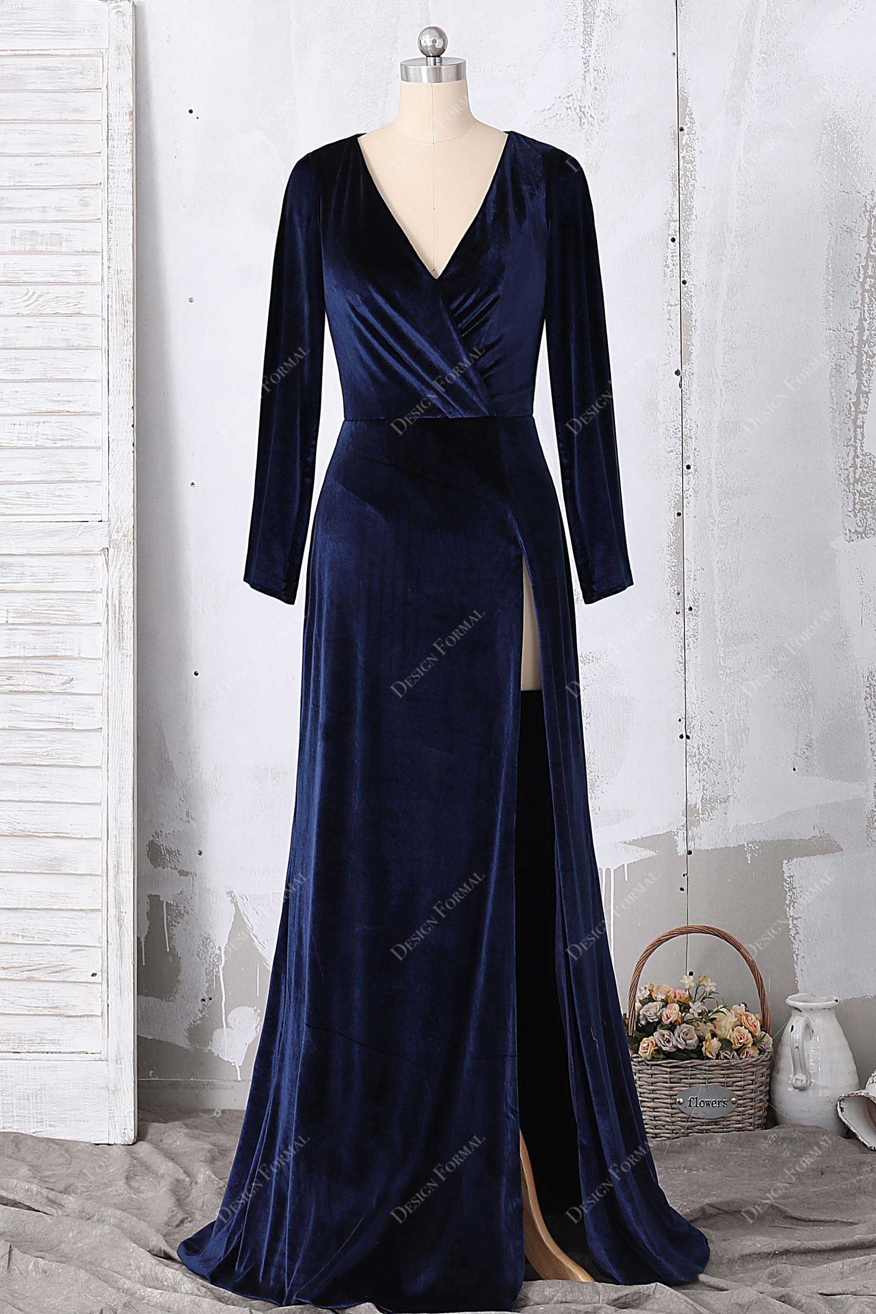 Navy Velvet Long Sleeve V-neck Slit Elegant Bridesmaid Evening Dress