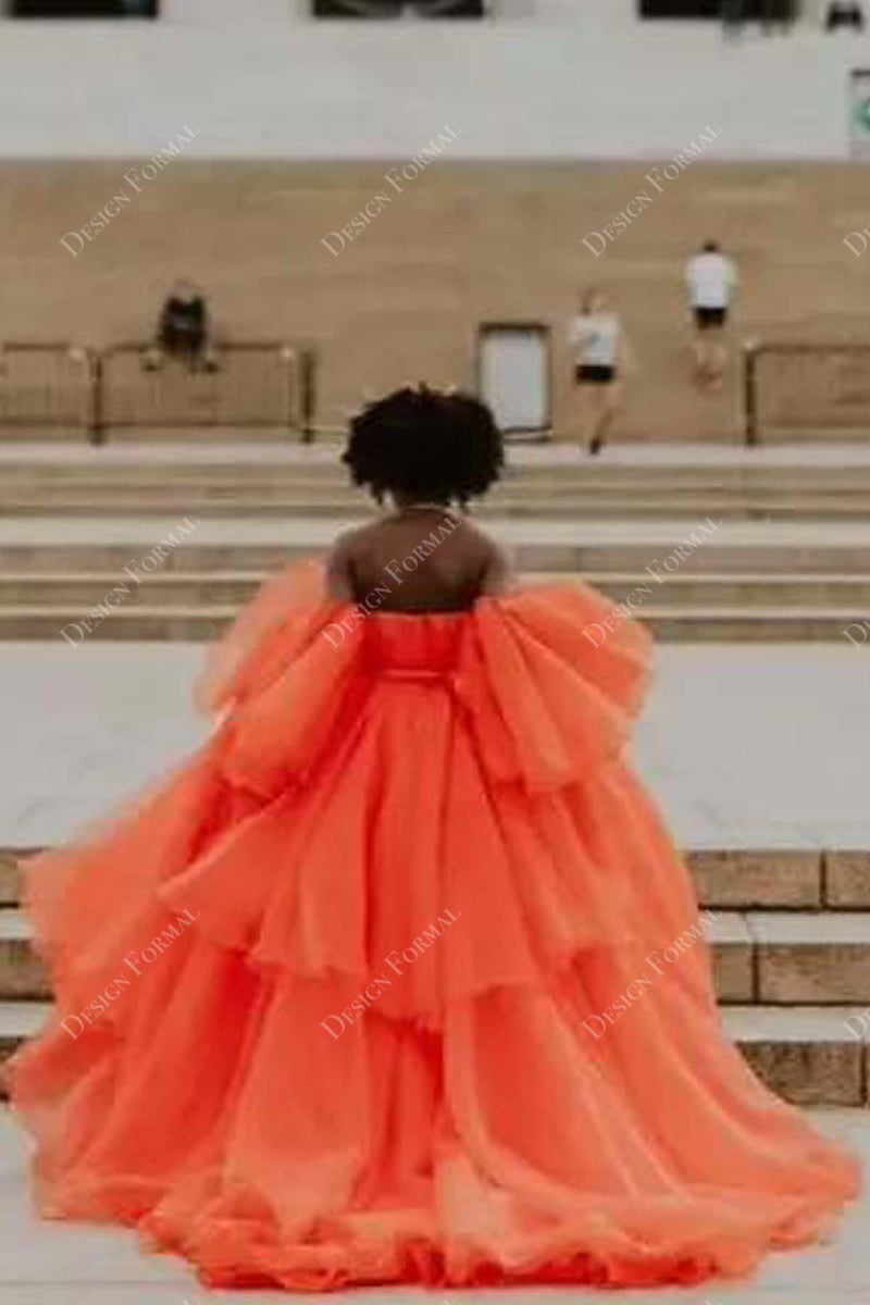 Orange Organza Off-shoulder Prom Custom Ball Gown Formal Dress