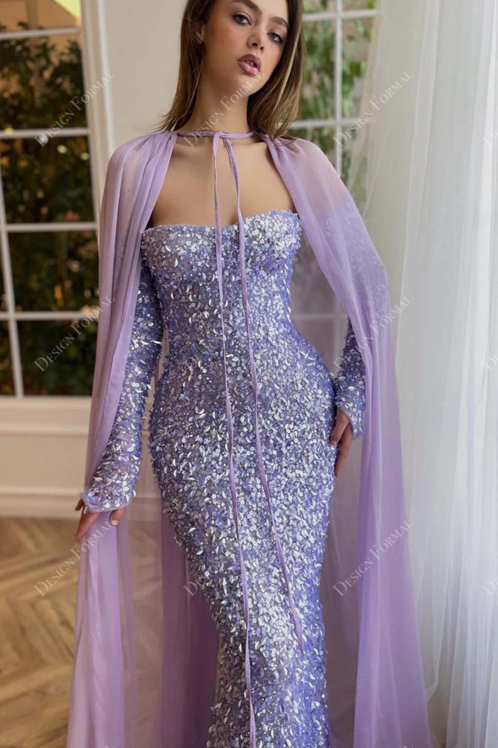 Lilac Sweetheart Off-shoulder Sparkly Sequin Mermaid Dress Chiffon Cape