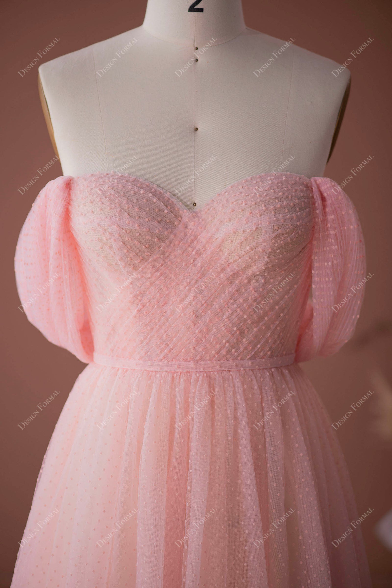Talia Pink Dot Tulle Off-the-Shoulder Fairy Tea Length Homecoming Dress